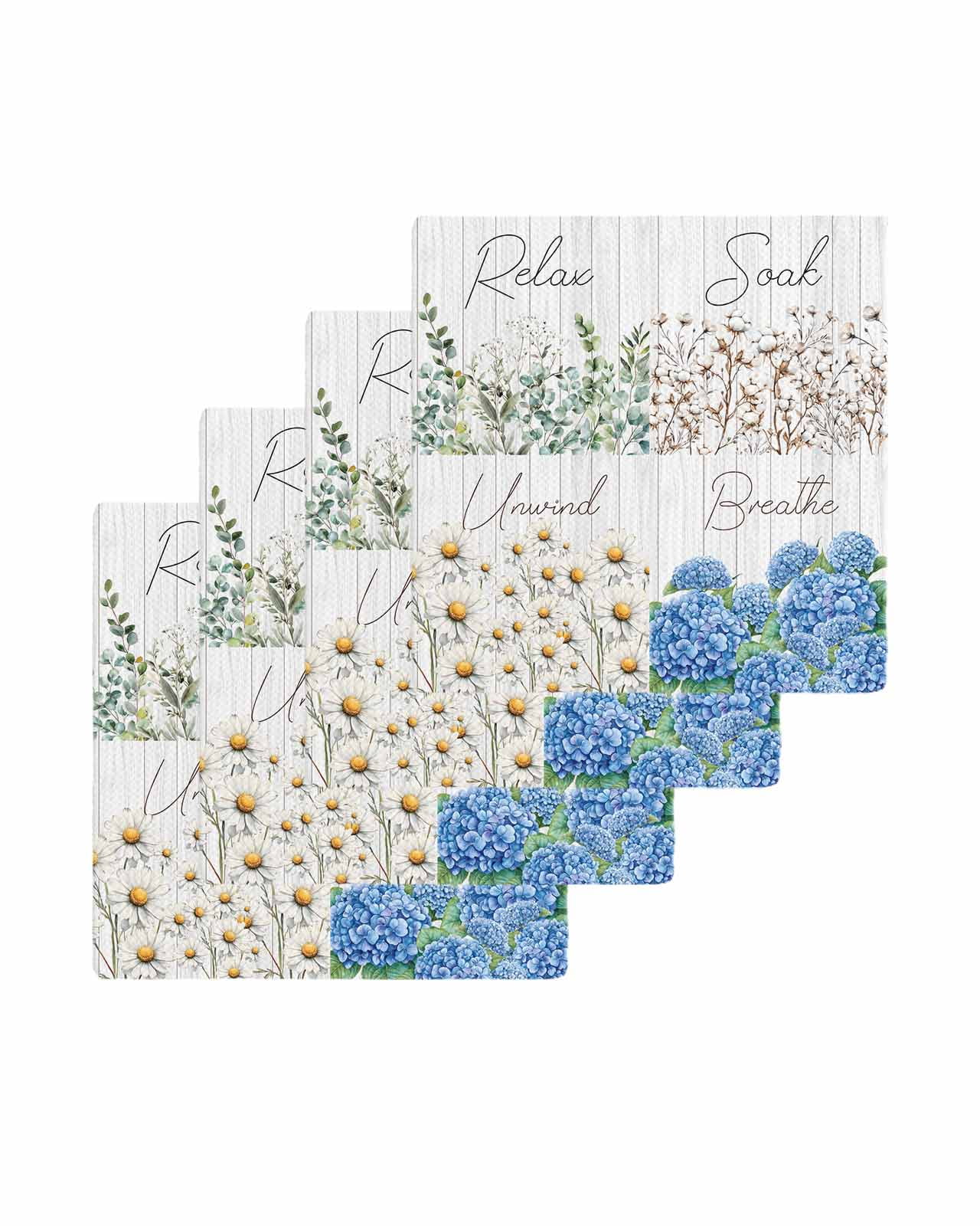 Spring Floral Kitchen Dish Towels for Drying Dishes Set of 4, Green Eucalyptus Leaves Blue ...