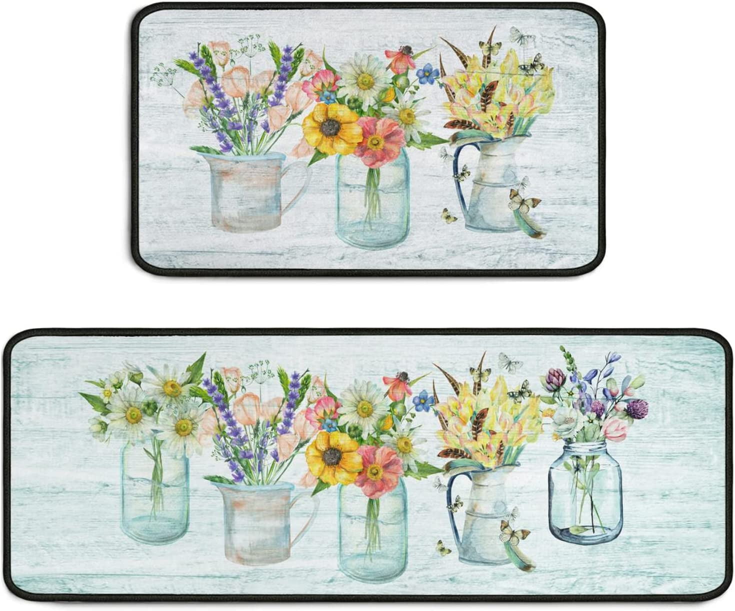Spring Floral Kitchen Rug Mat Set of 2 Summer Flowers Farmhouse Kitchen ...