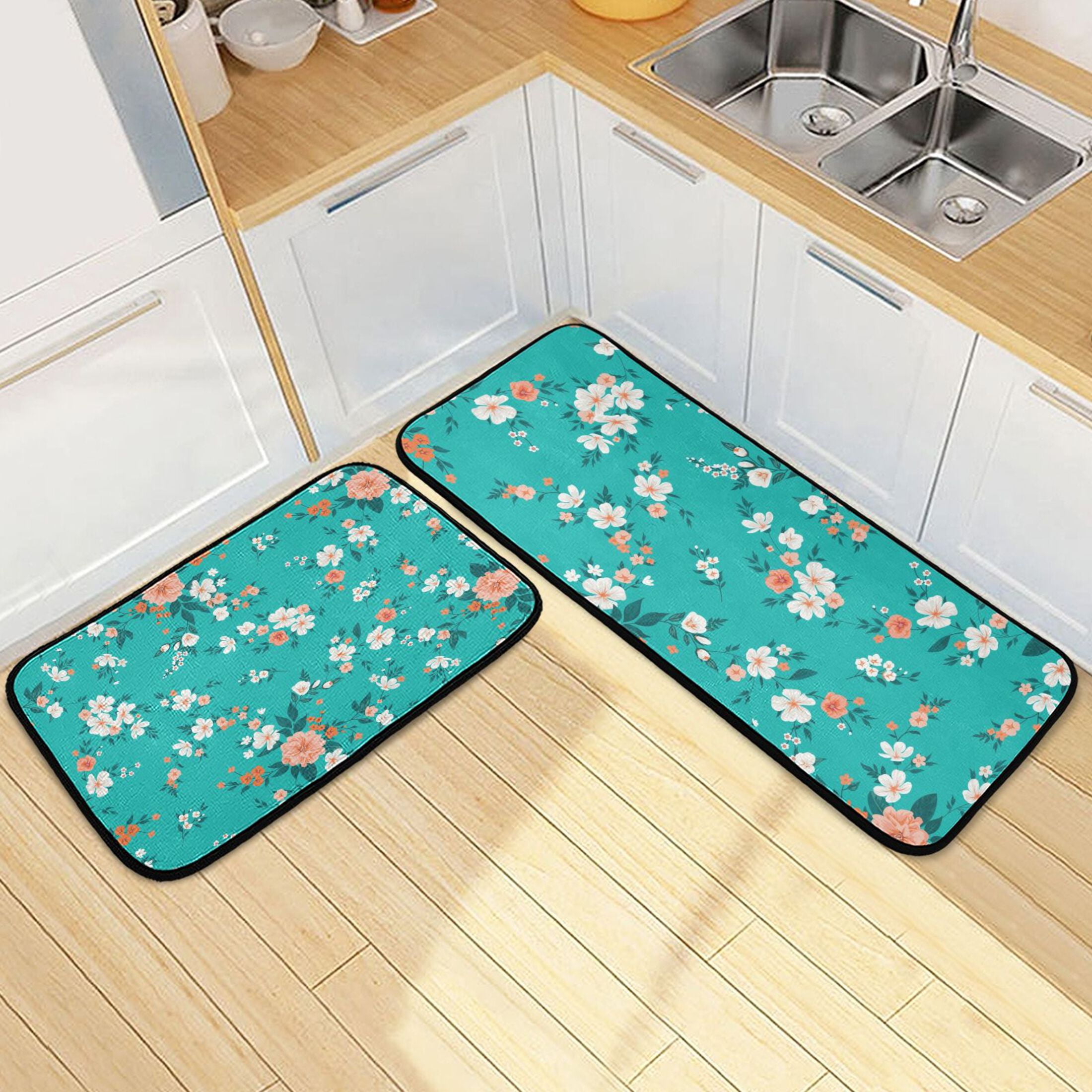 Spring Floral Kitchen Rugs Set of 2 Non Slip Floor Foam Mat Cushioned ...