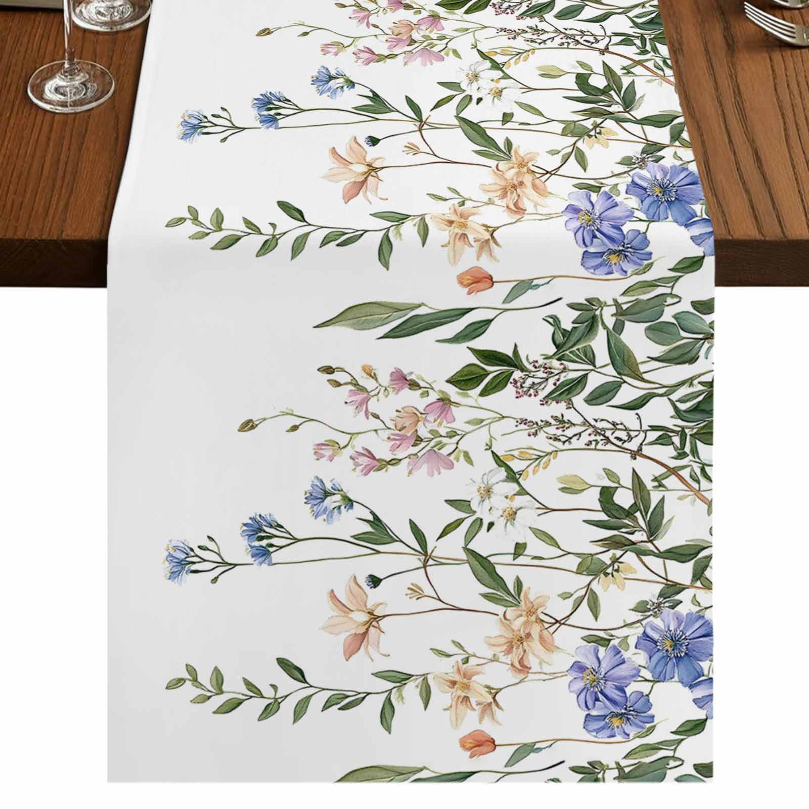 Spring Floral Leaves 120 Inch Table Runner, Vintage Flowers Farmhouse ...