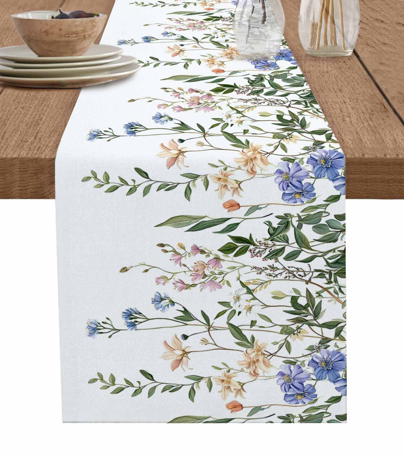Spring Floral Leaves Burlap Cotton Table Runner 13x48 Inches Long ...