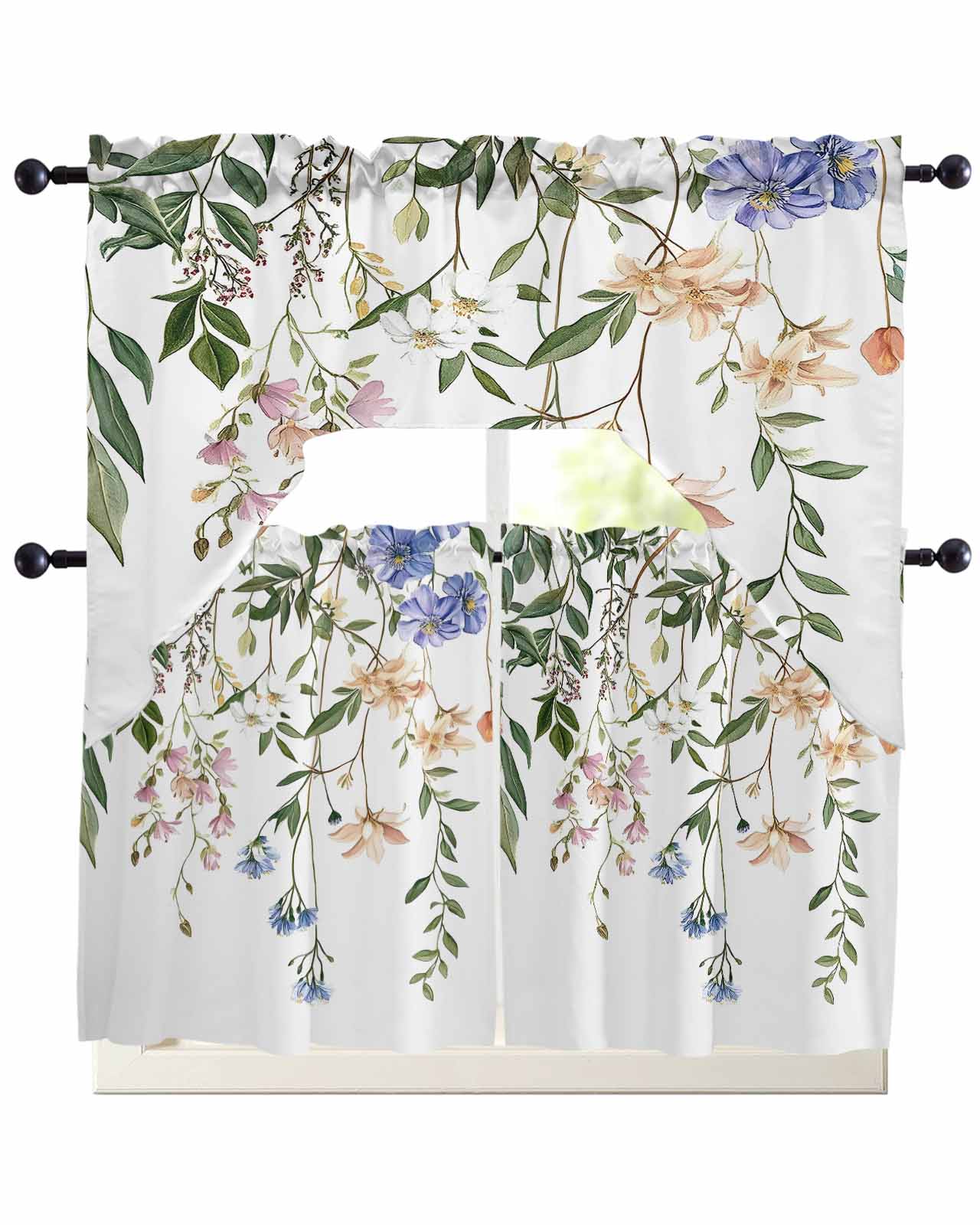 Spring Floral Leaves Kitchen Curtains Sets 36 Inch Length with Valance ...