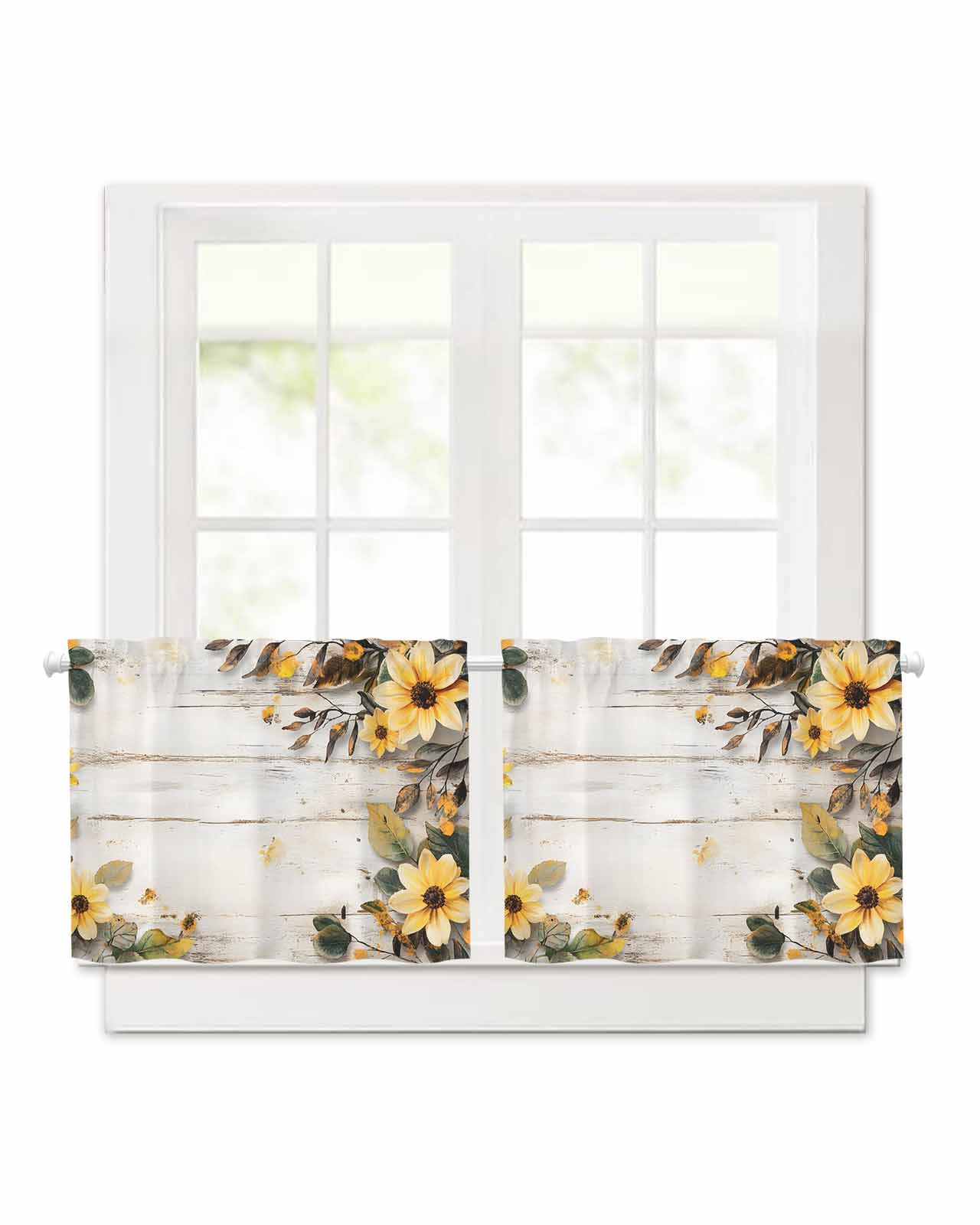 Spring Floral Leaves Short Blackout Curtains 24 Inch Long Yellow Flower ...
