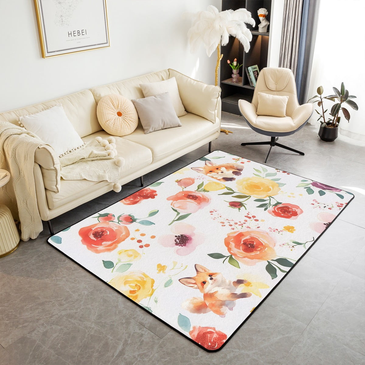 Spring Floral Living Room Rugs 5x7,Cute Fox Animals Area Rug Bedroom ...