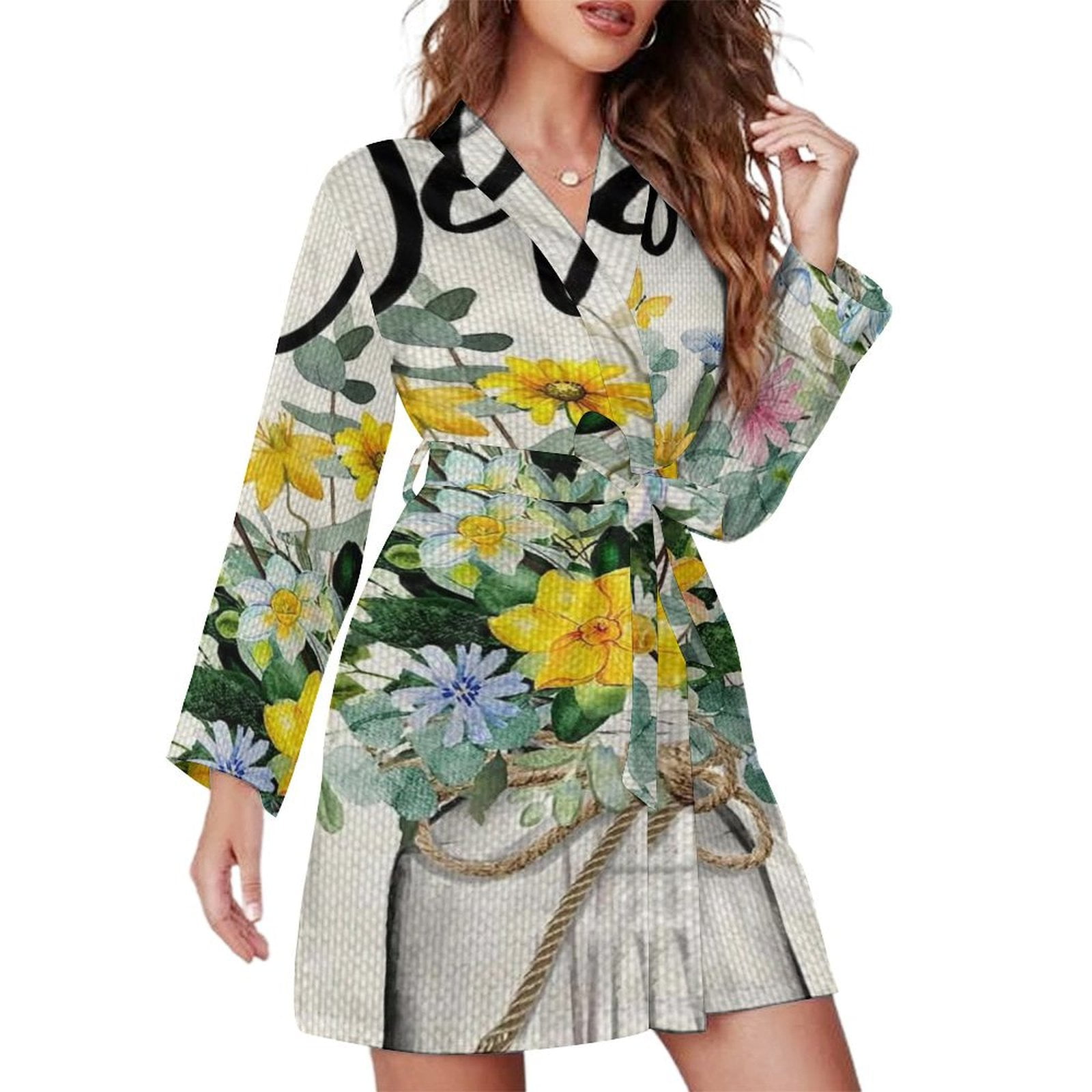 Spring Floral Night Robe Long Sleeve V Neck Robe With Belt Women's ...