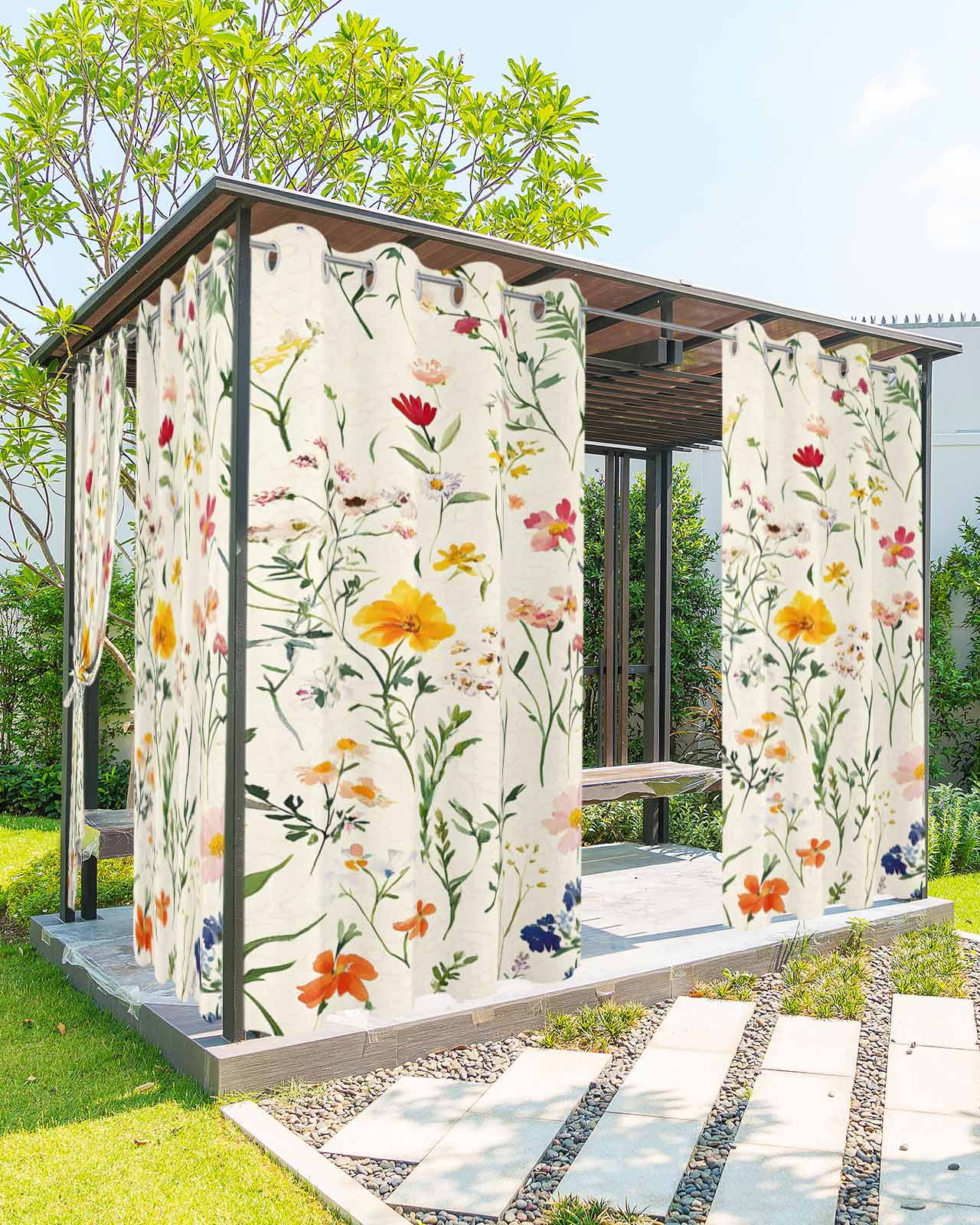 Spring Floral Outdoor Curtains for Patio, Country Watercolor Colorful ...