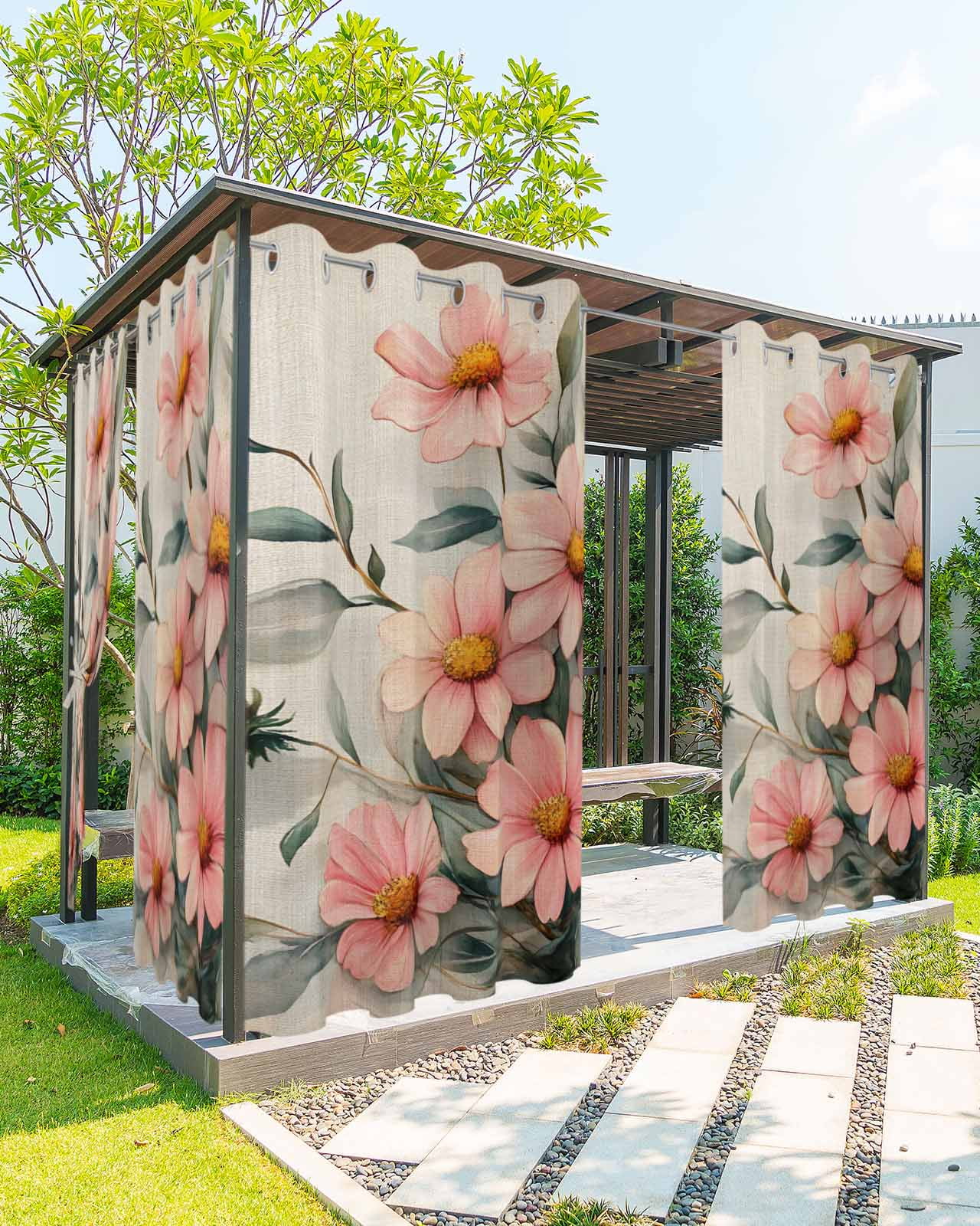 Spring Floral Outdoor Curtains for Patio, Pink Flower Green Leave Linen ...