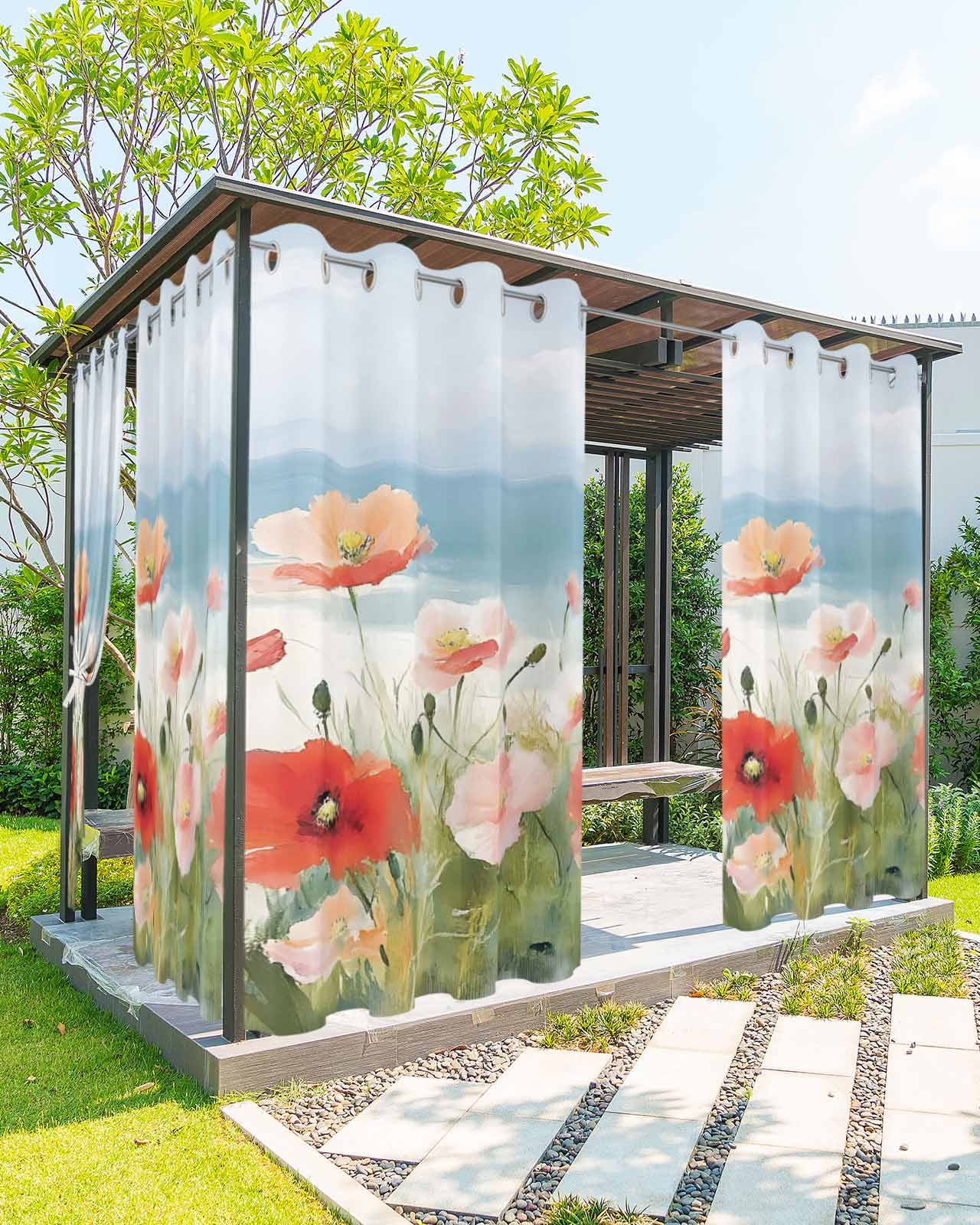 Spring Floral Outdoor Curtains for Patio, Poppy Field Sky Seaside ...