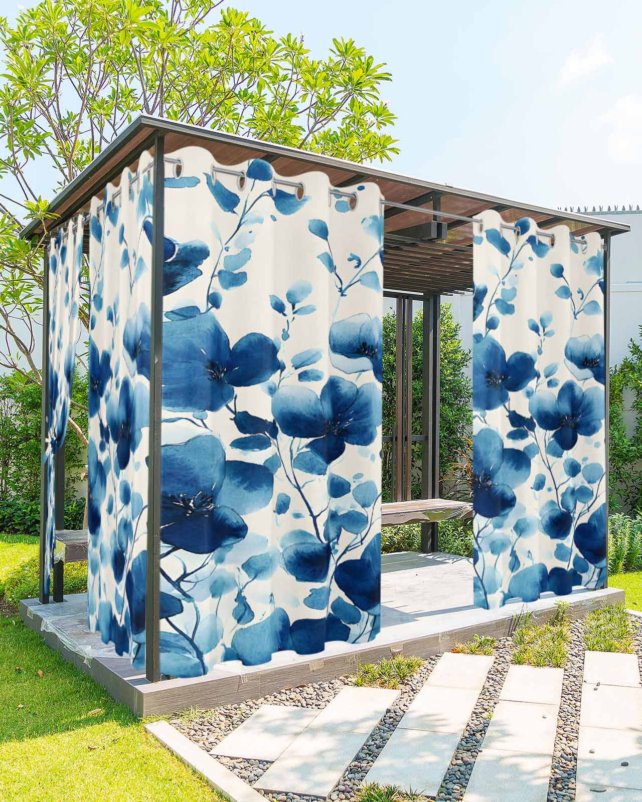 Spring Floral Outdoor Curtains for Patio, Vintage Watercolor Blue ...