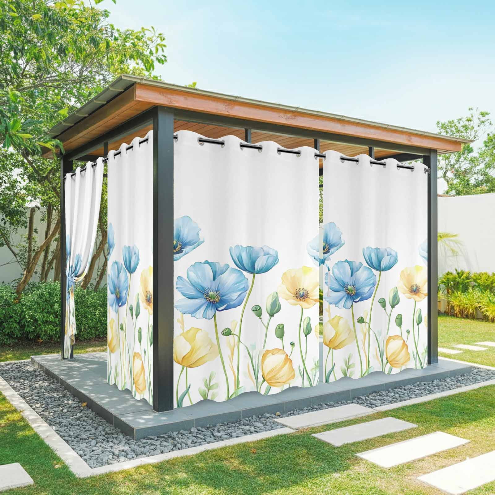 Spring Floral Outdoor Curtains for Patio Waterproof, Watercolor Blue ...