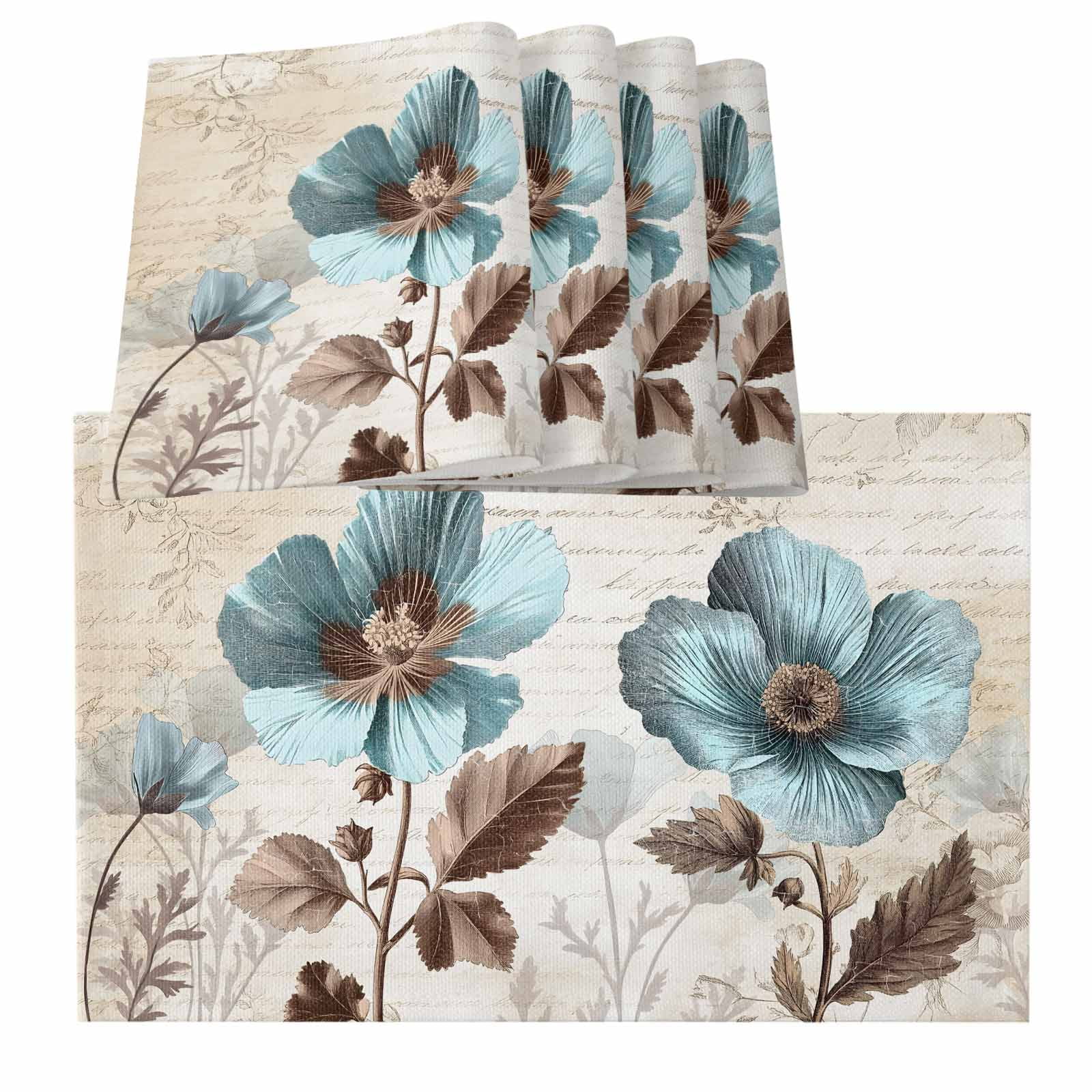 Spring Floral Placemats for Dinning Table Set of 4, Teal Tulip Vintage ...