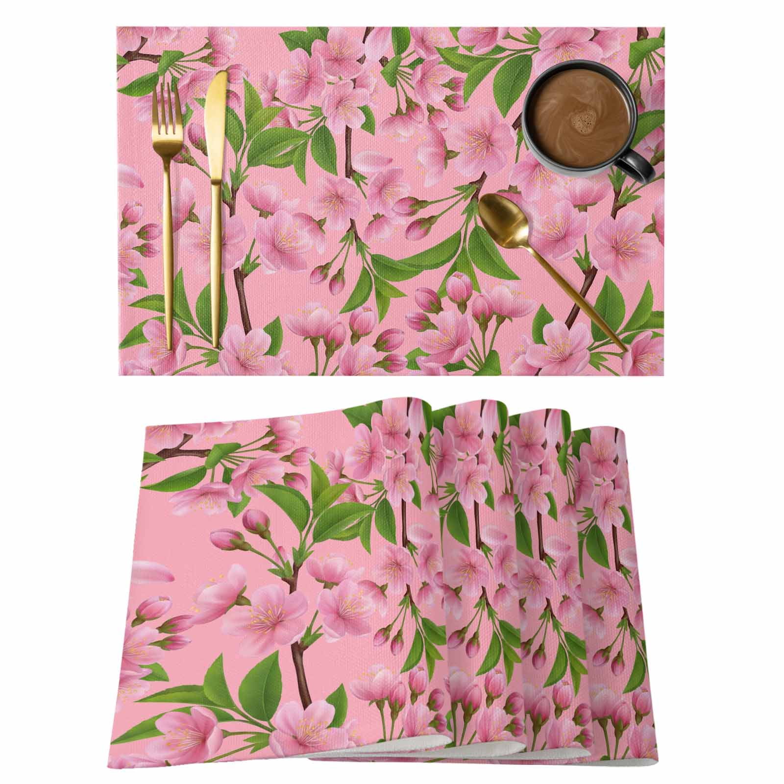 Spring Floral Placemats Set of 1, Watercolor Flower Green Leaves Pink ...