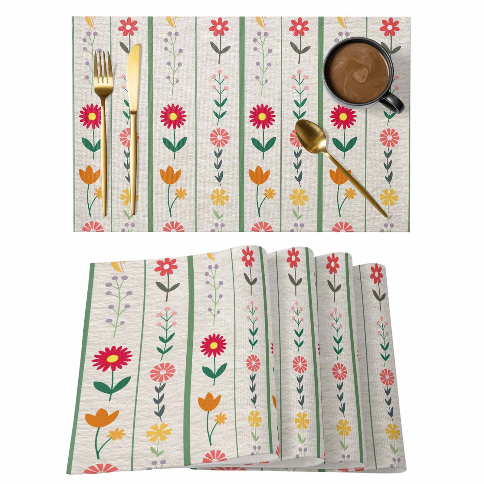 Spring Floral Placemats Set of 2, Pastoral Simple Flower Leaves Stripes ...