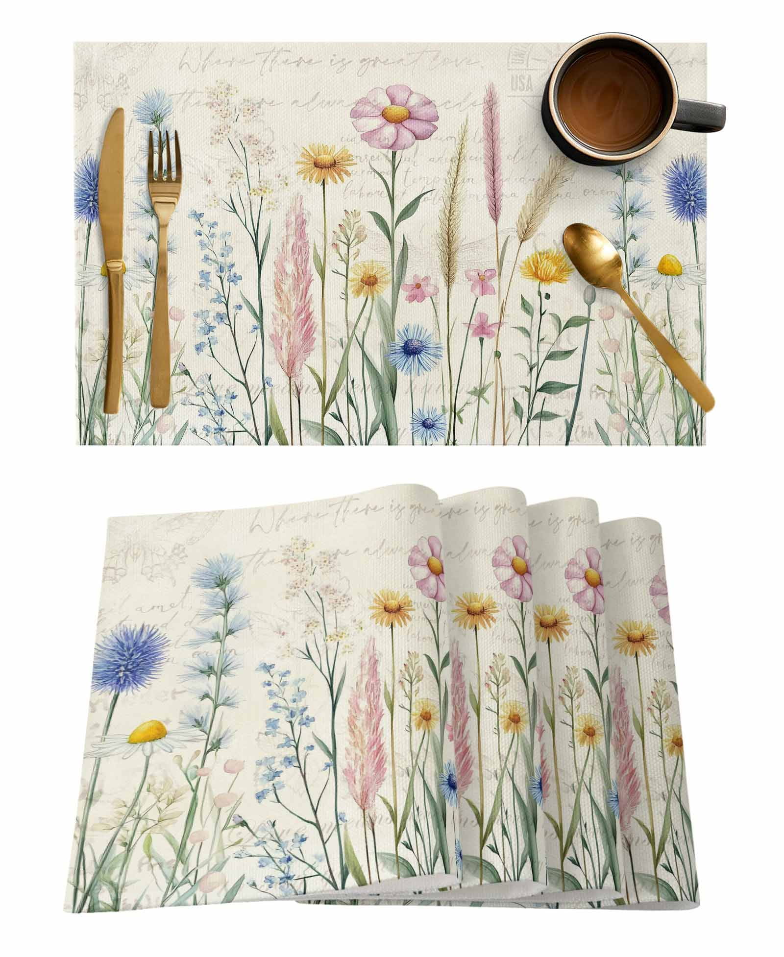 Spring Floral Placemats Set of 4, Summer Farmhouse Vintage Botanical ...