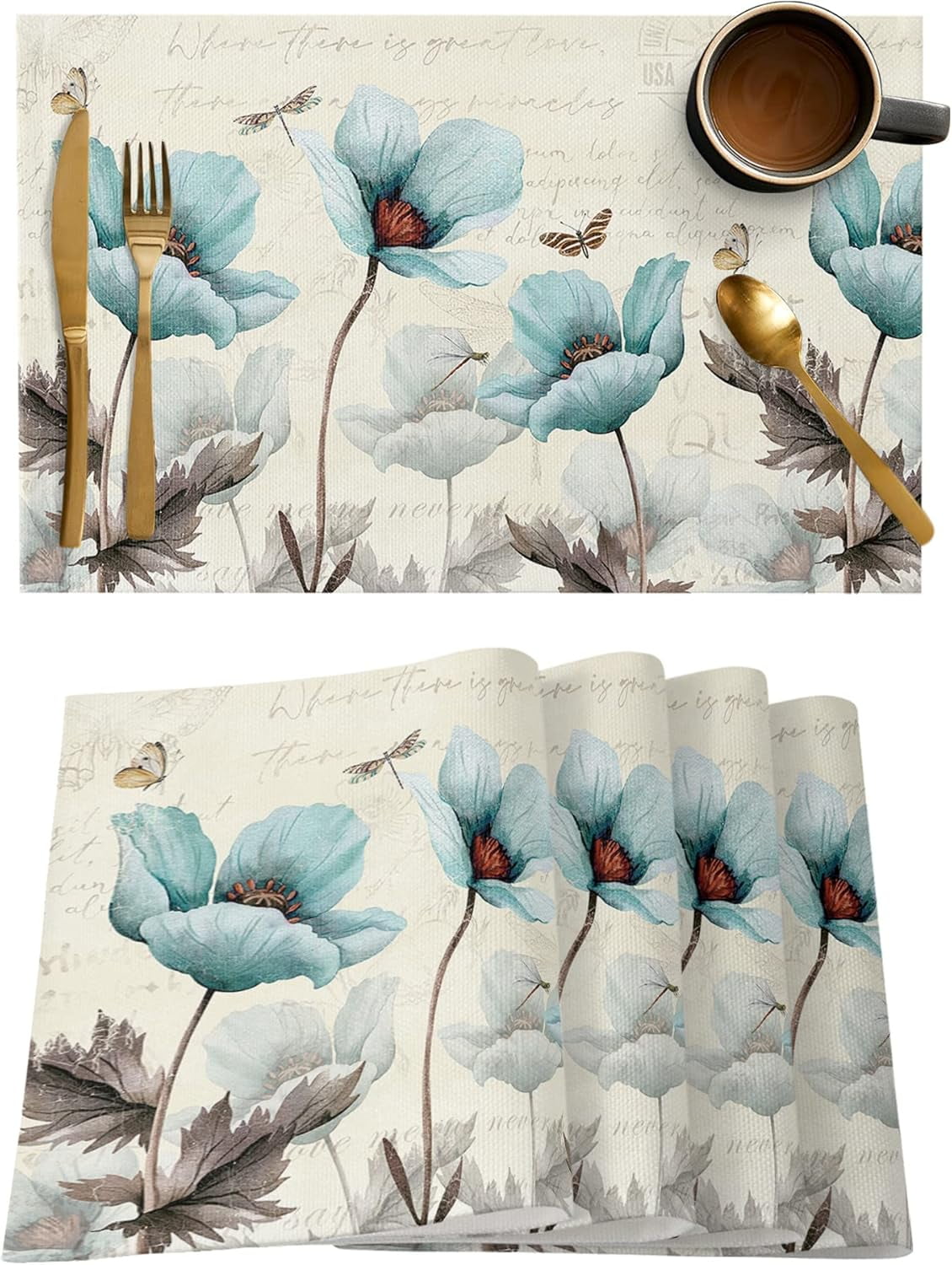 Spring Floral Placemats Set of 4, Teal Tulip Botanical Place Mats ...