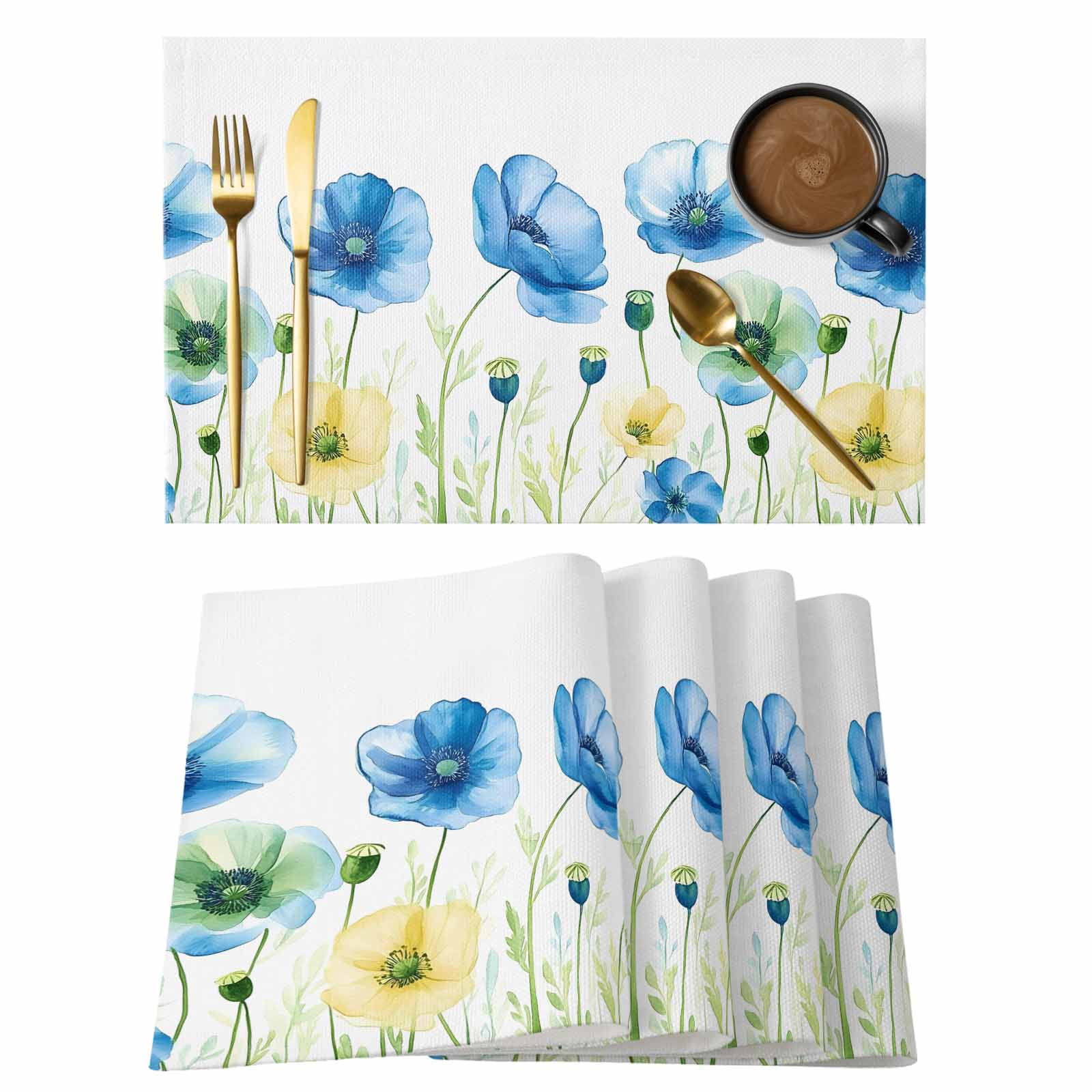 Spring Floral Placemats Set of 6, Blue Yellow Poppy Watercolor Flowers ...