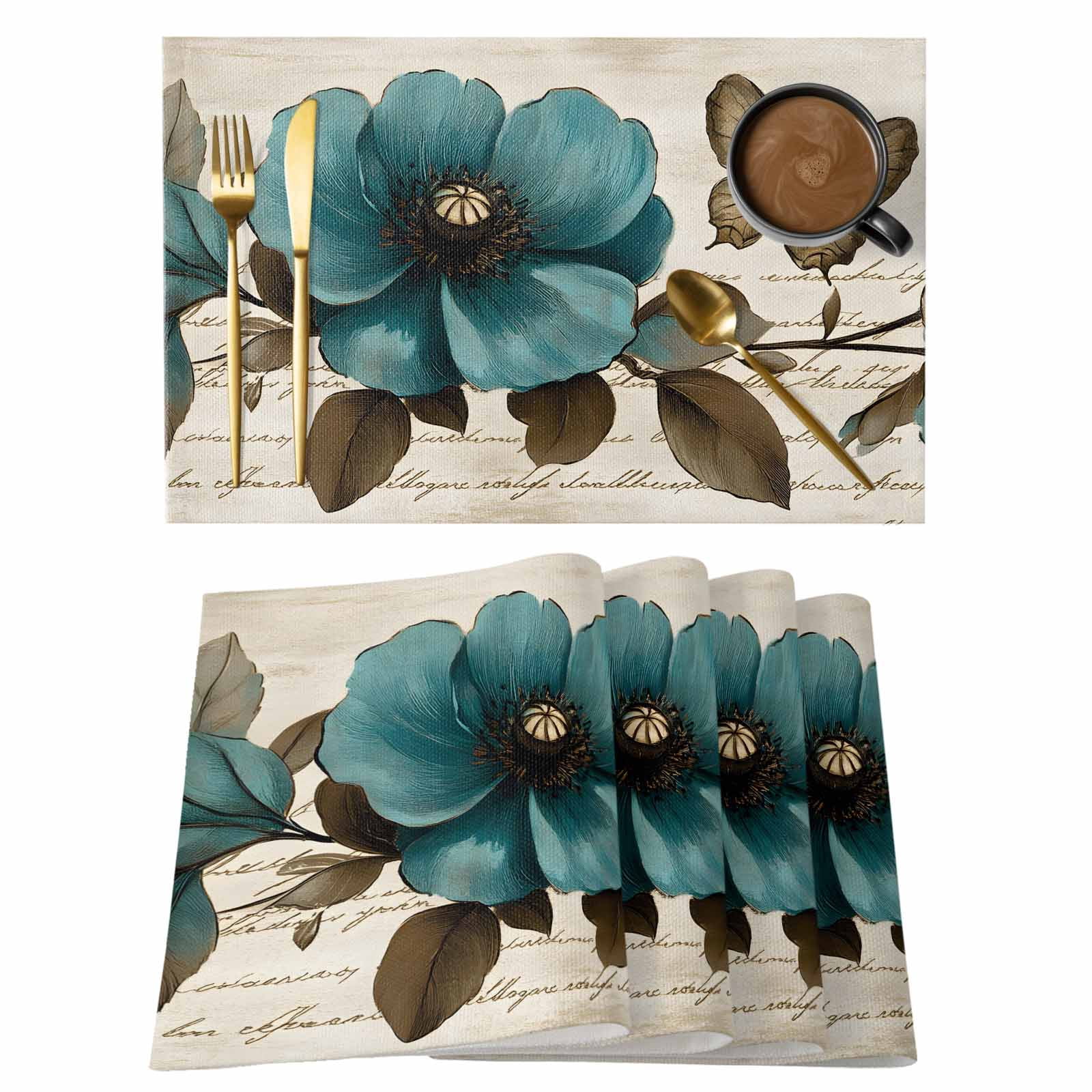 Spring Floral Placemats Set of 8, Turquoise Flower Painting Butterfly ...