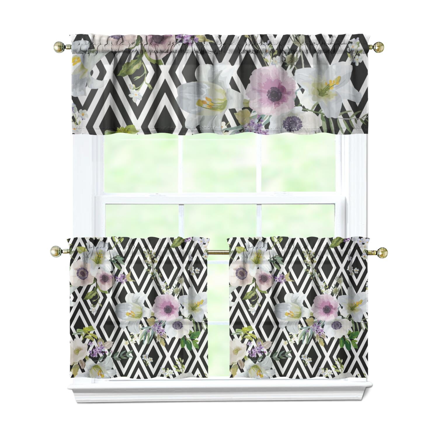 Spring Floral Print Kitchen Curtains - 3 Piece Tier Curtains with Rod ...
