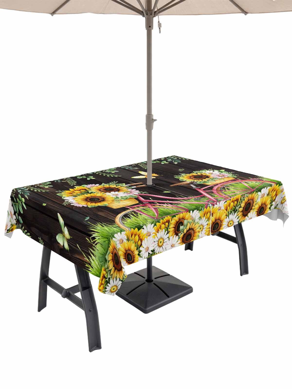 Spring Floral Rectangle Outdoor Tablecloth with Umbrella Hole Sunflower ...