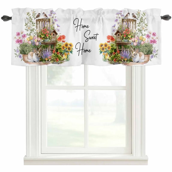 Spring Floral Rod Pocket Curtain Valance, Rabbits Country Leaves Tulips ...