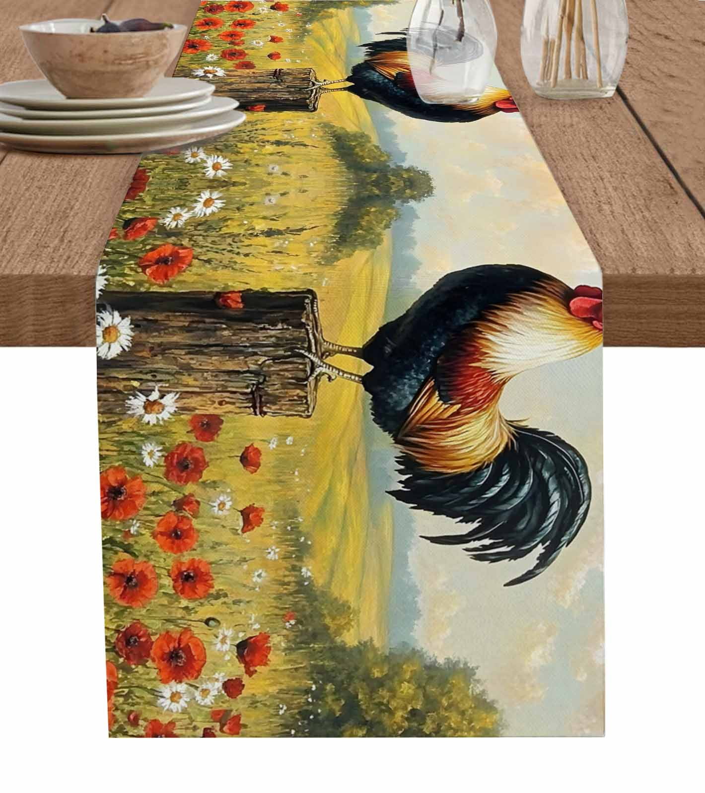 Spring Floral Rooster Burlap Cotton Table Runner 13x90 Inches Long, Farmhouse Vintage Rooster ...