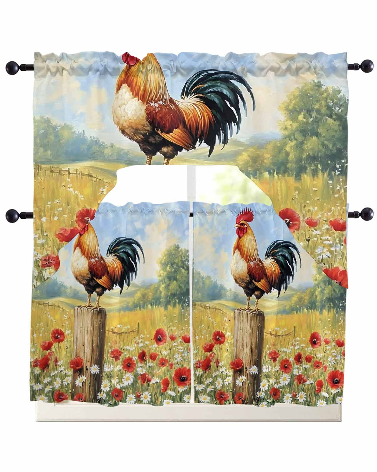 Spring Floral Rooster Kitchen Curtains Sets 36 Inch Length with Valance ...