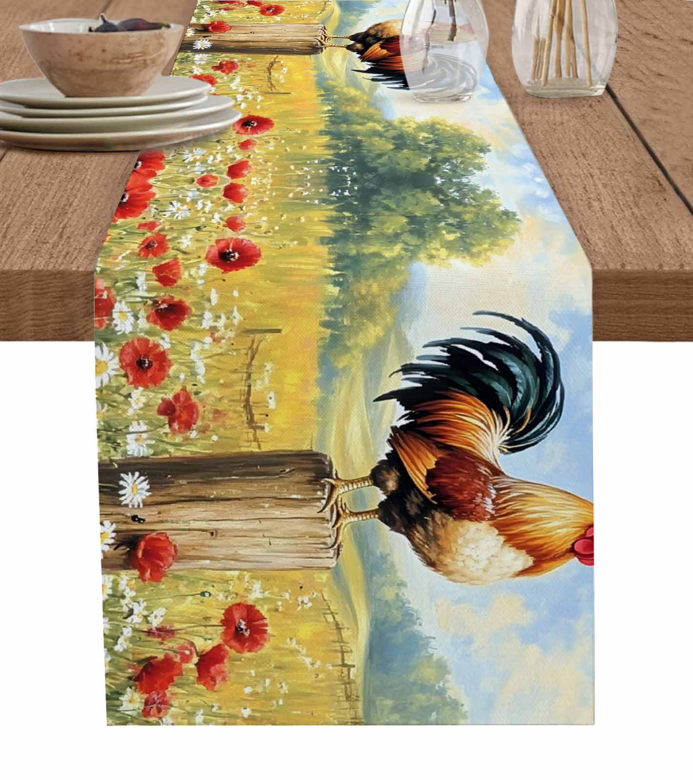 Spring Floral Rooster Table Runner 120 Inches, Retro Rooster Farmhouse ...