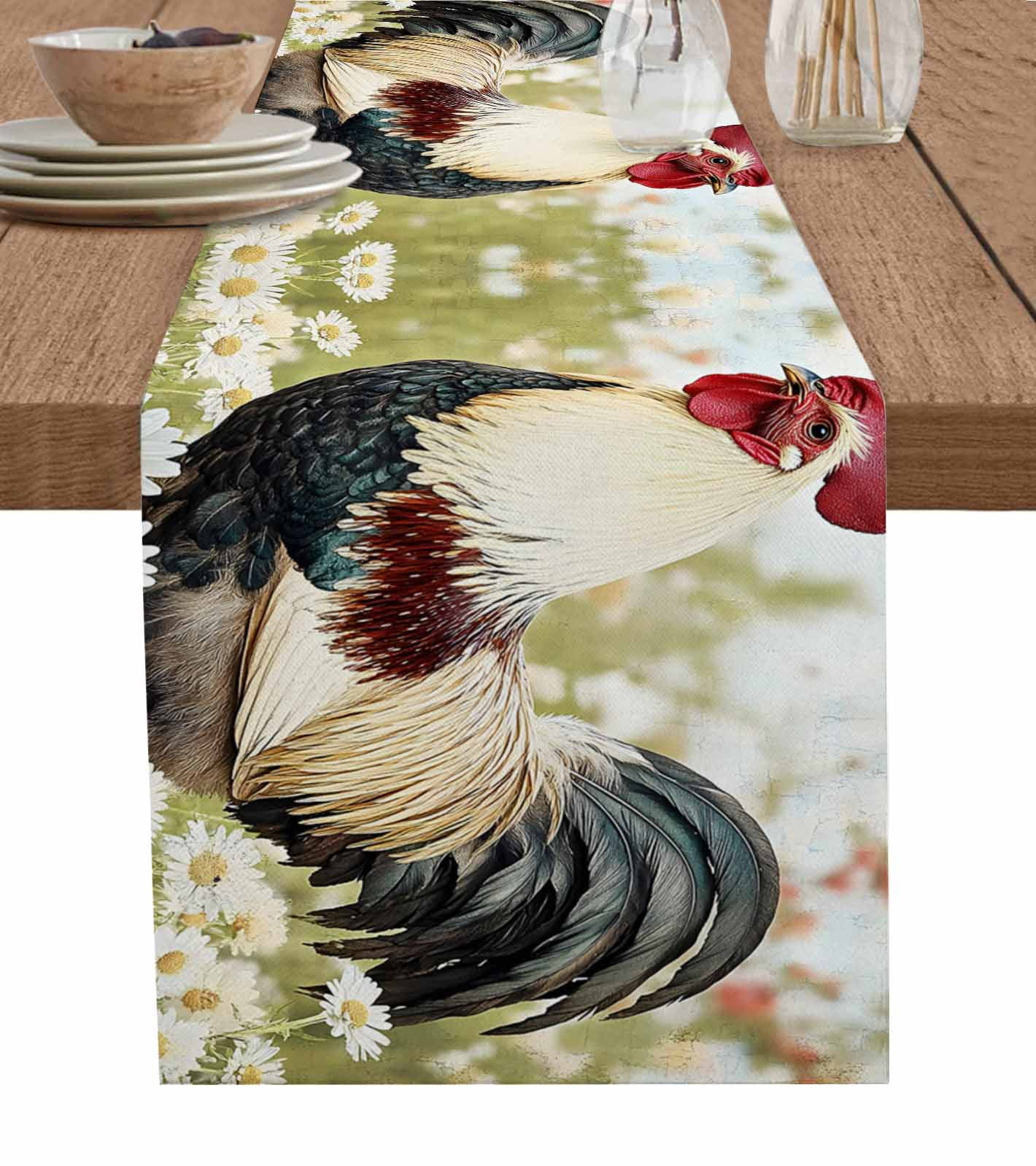Spring Floral Rooster Table Runner 48 Inches, Vintage Rooster Pastoral ...
