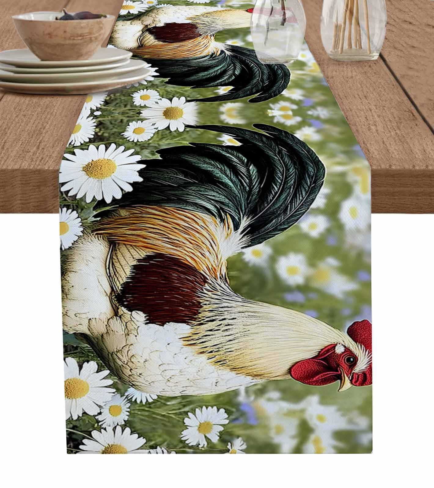 Spring Floral Rooster Table Runner 90 Inches, Retro Rooster Pastoral ...