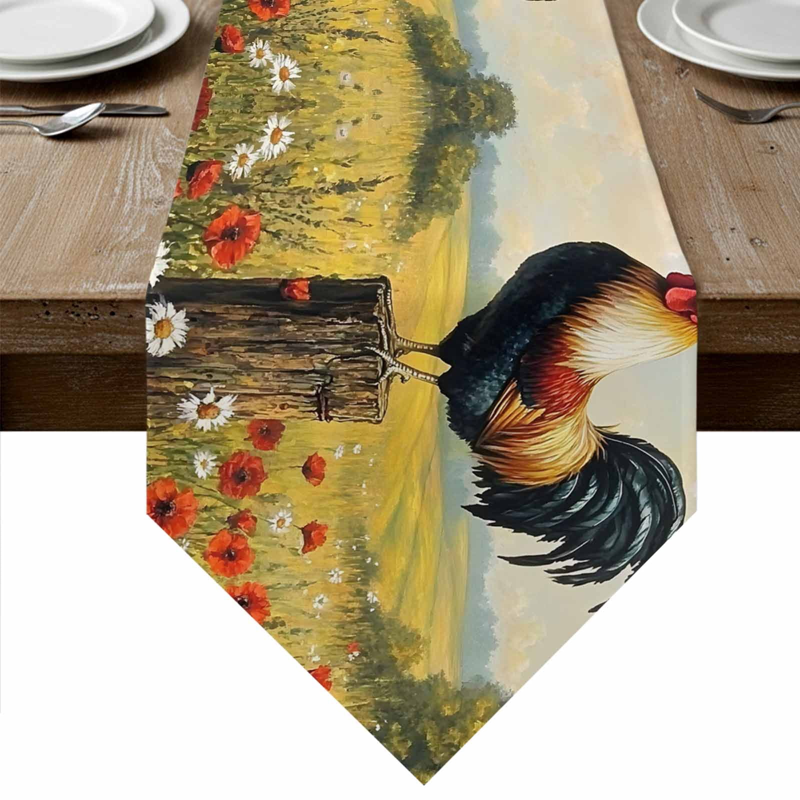 Spring Floral Rooster Table Runner Linen Burlap Table Runner 108 Inches ...