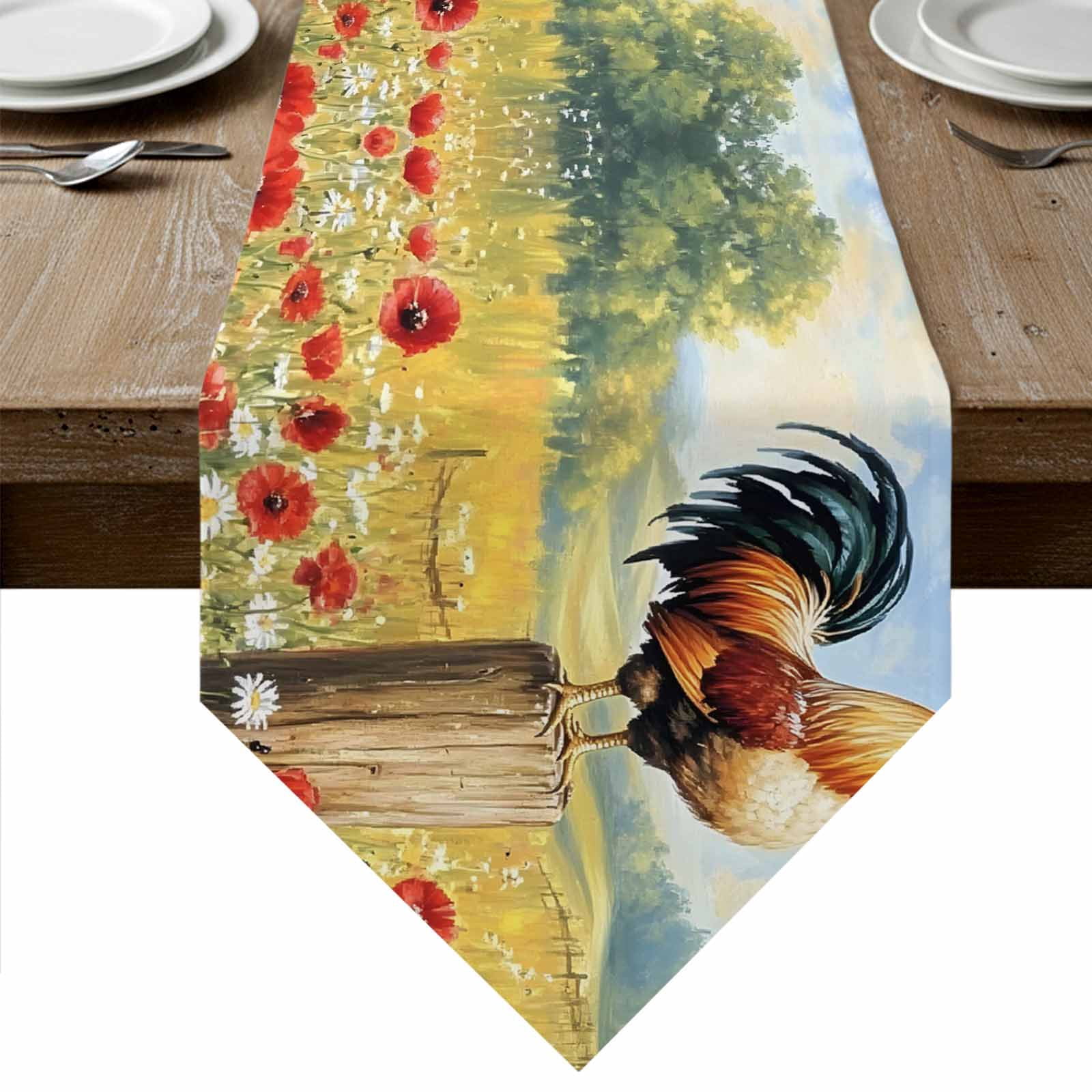Spring Floral Rooster Table Runner Linen Burlap Table Runner 70 Inches ...