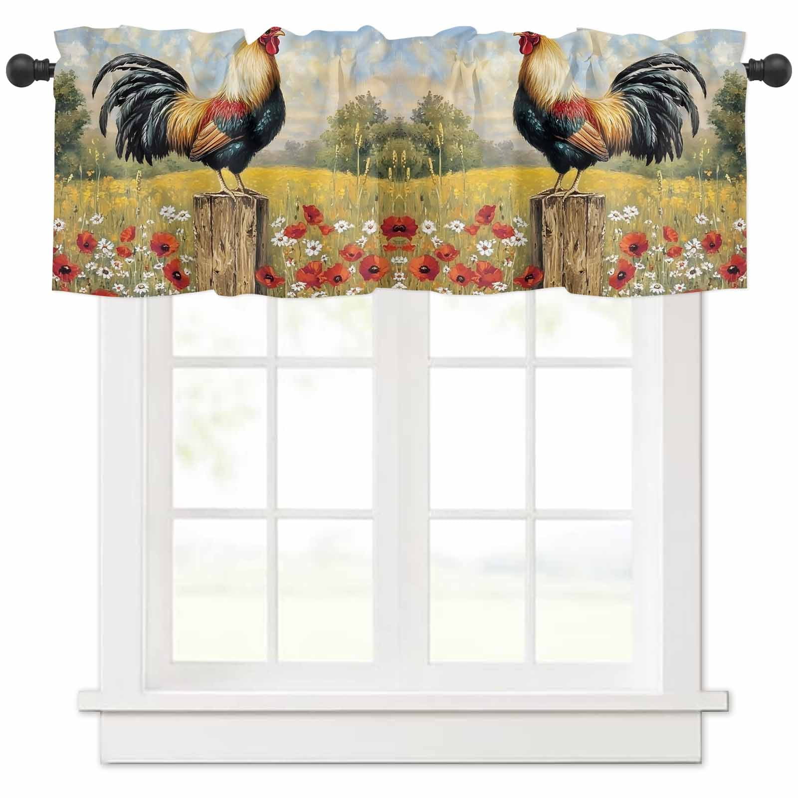 Spring Floral Rooster Valances for Windows Farmhouse Kitchen Curtains ...