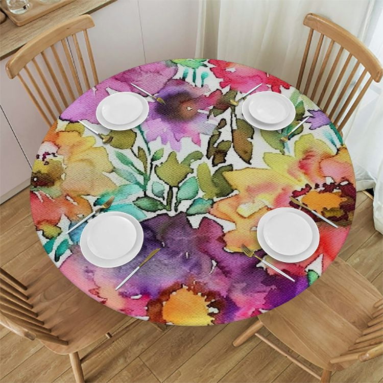 Spring Floral Round Fitted Tablecloth with Elastic Edge Floral Round ...