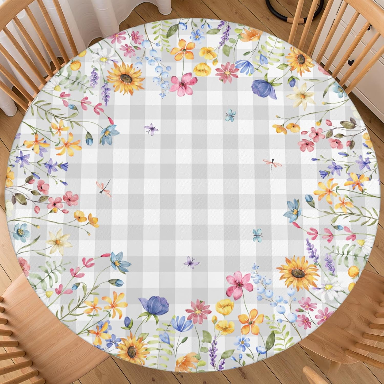 Spring Floral Round Fitted Tablecloth with Elastic Edge Summer ...