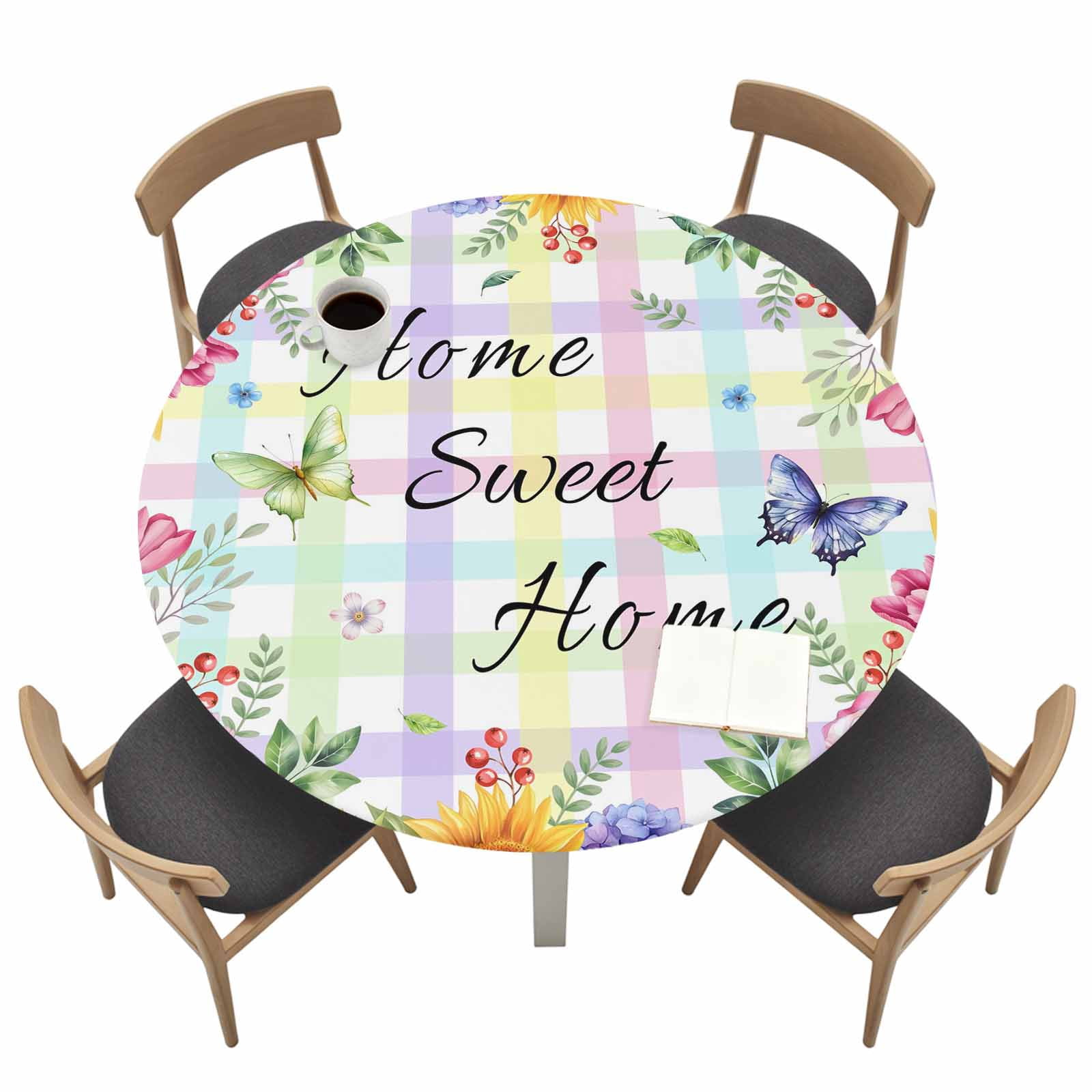 Spring Floral Round Fitted Tablecloth Home Sweet Home Sunflower Tulip ...