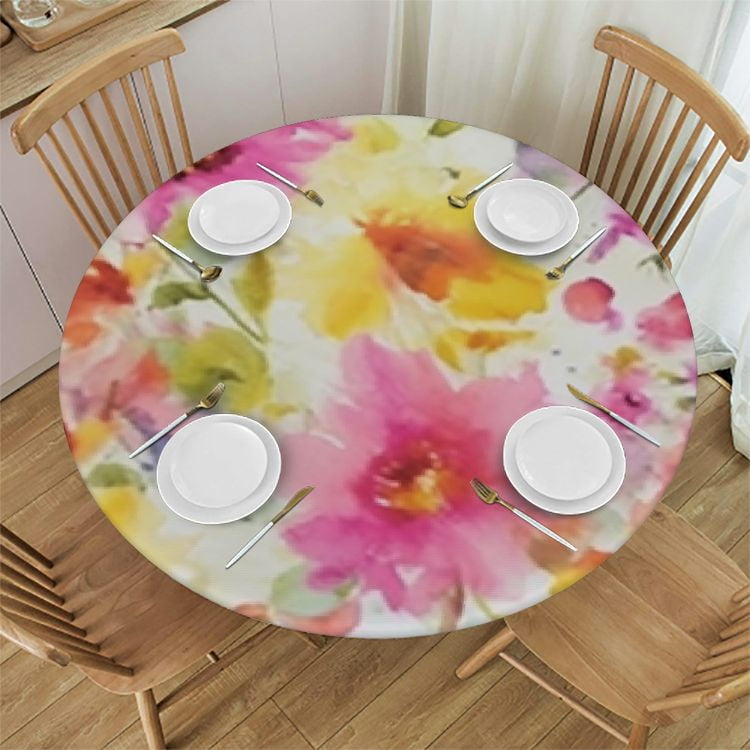 Spring Floral Round Fitted Tablecloth with Elastic Edge Floral Round ...