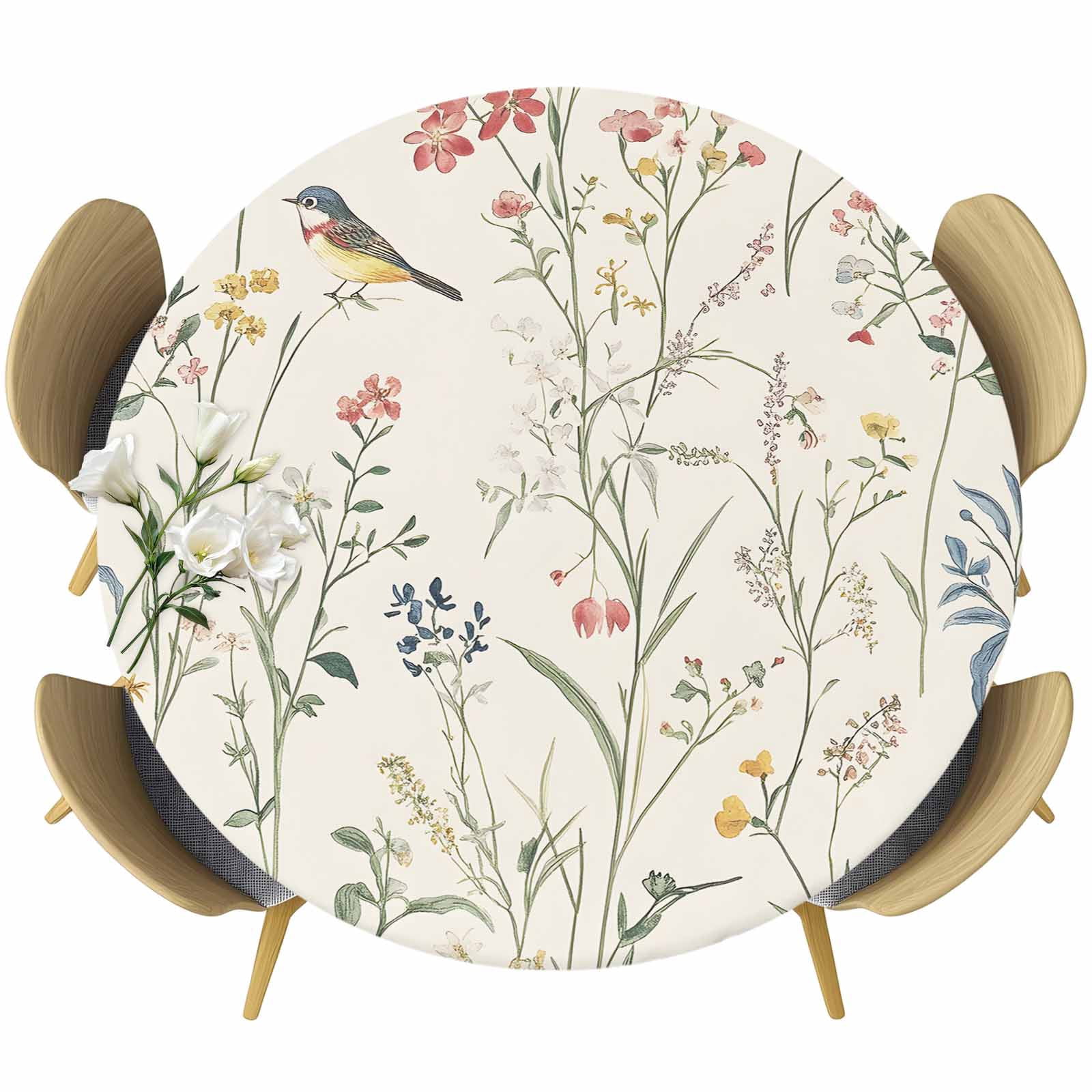 Spring Floral Round Tablecloth 36-44 Inch Round Fitted Table Cloth with ...