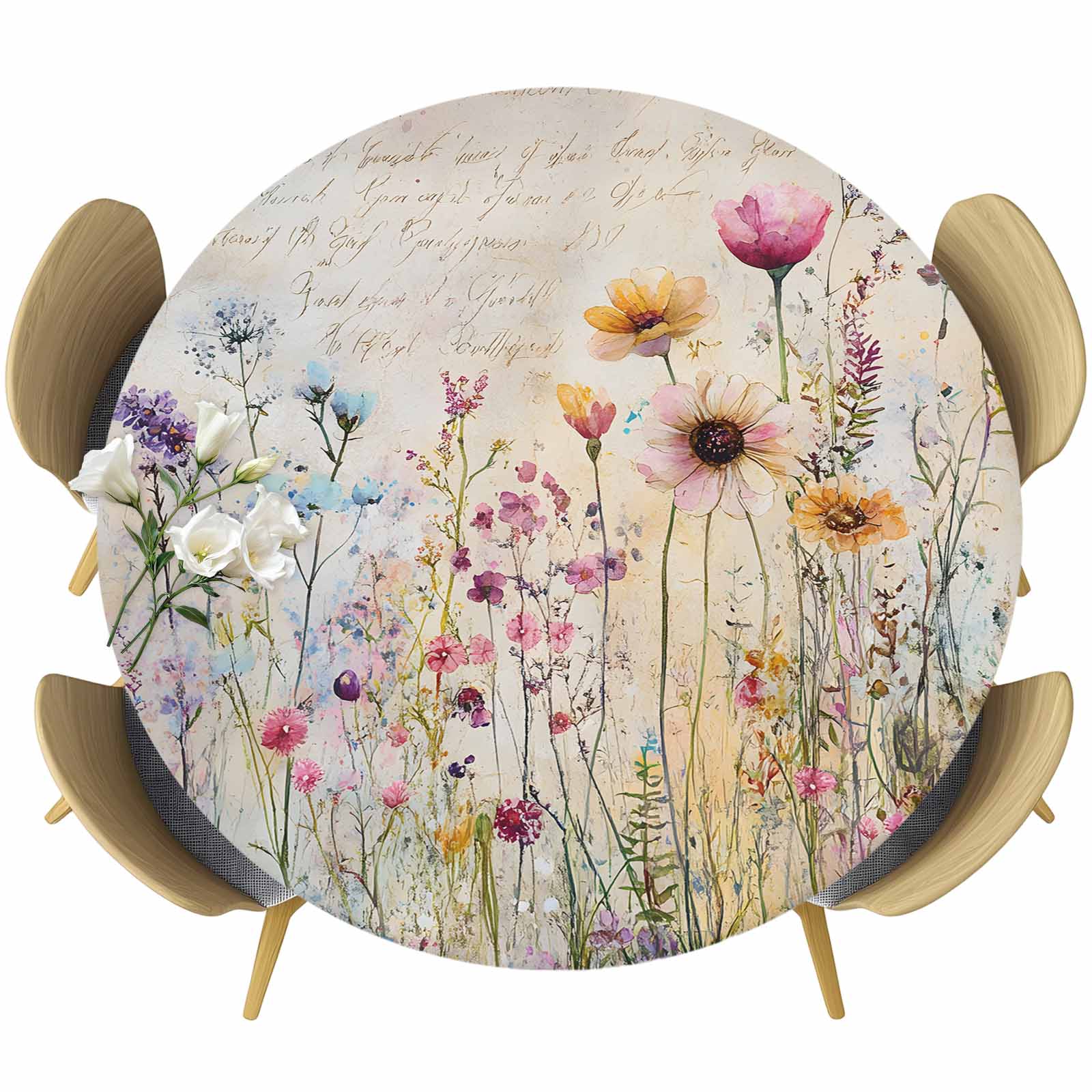 Spring Floral Round Tablecloth 36-44 Inch Round Fitted Table Cloth with ...
