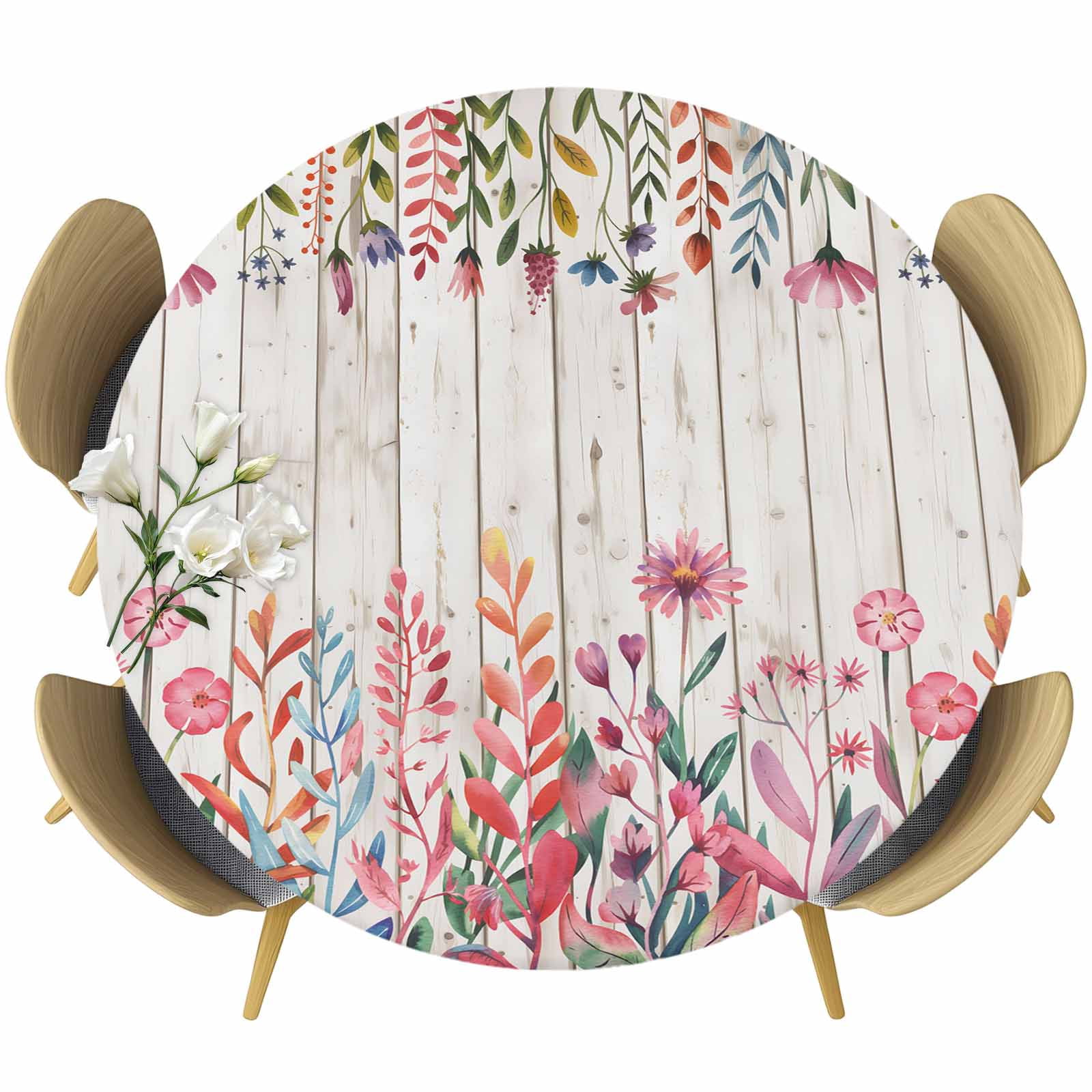 Spring Floral Round Tablecloth 36-44 Inch Round Fitted Table Cloth with ...