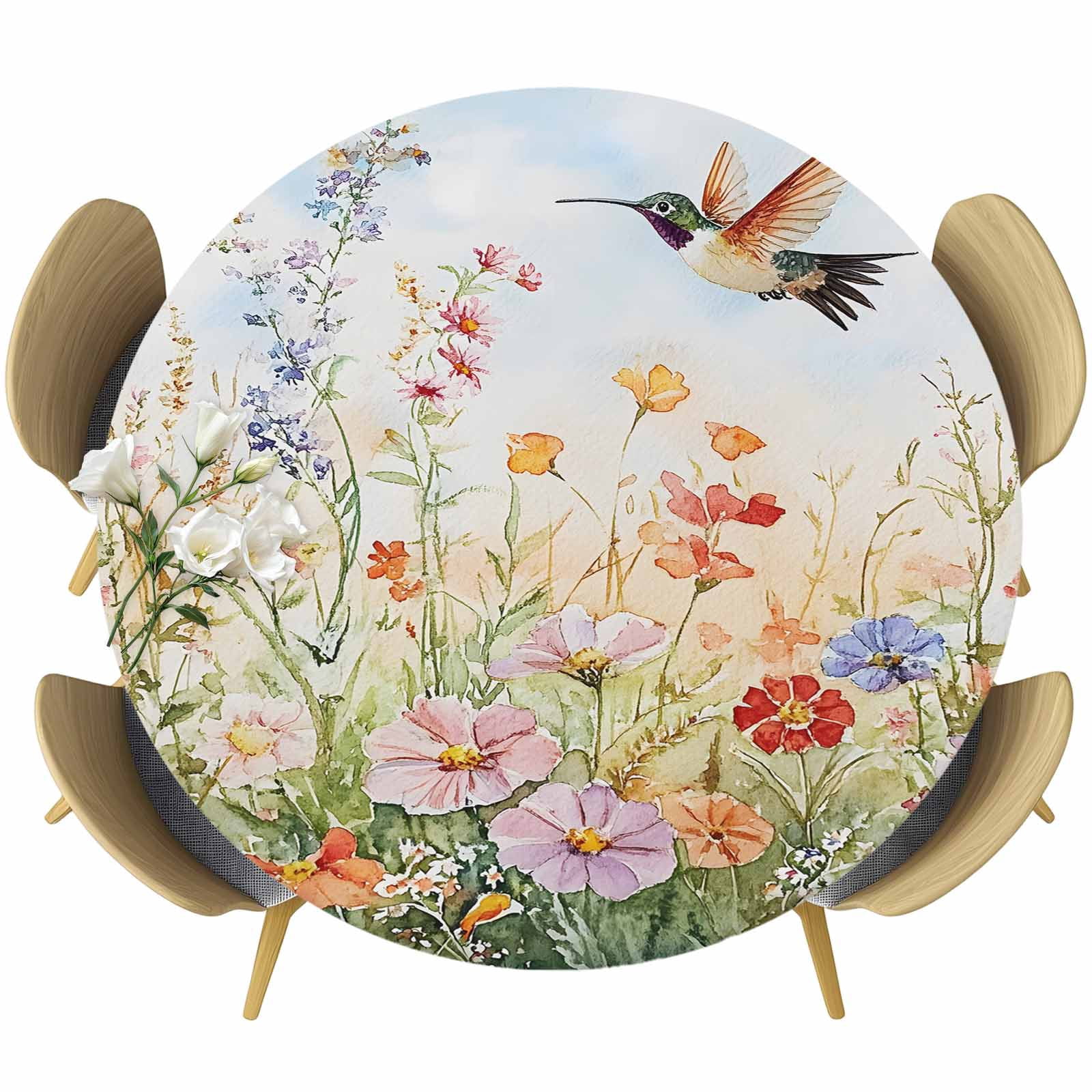 Spring Floral Round Tablecloth 45-54 Inch Round Fitted Table Cloth with ...