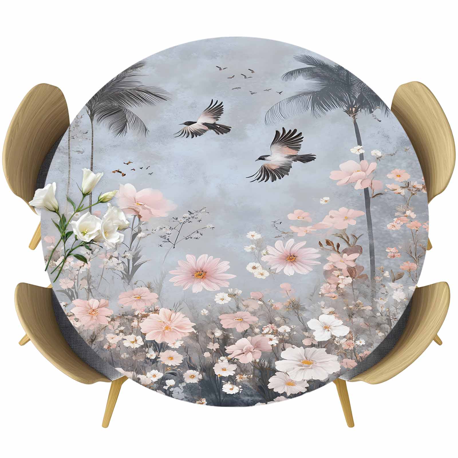 Spring Floral Round Tablecloth 55-60 Inch Round Fitted Table Cloth with ...