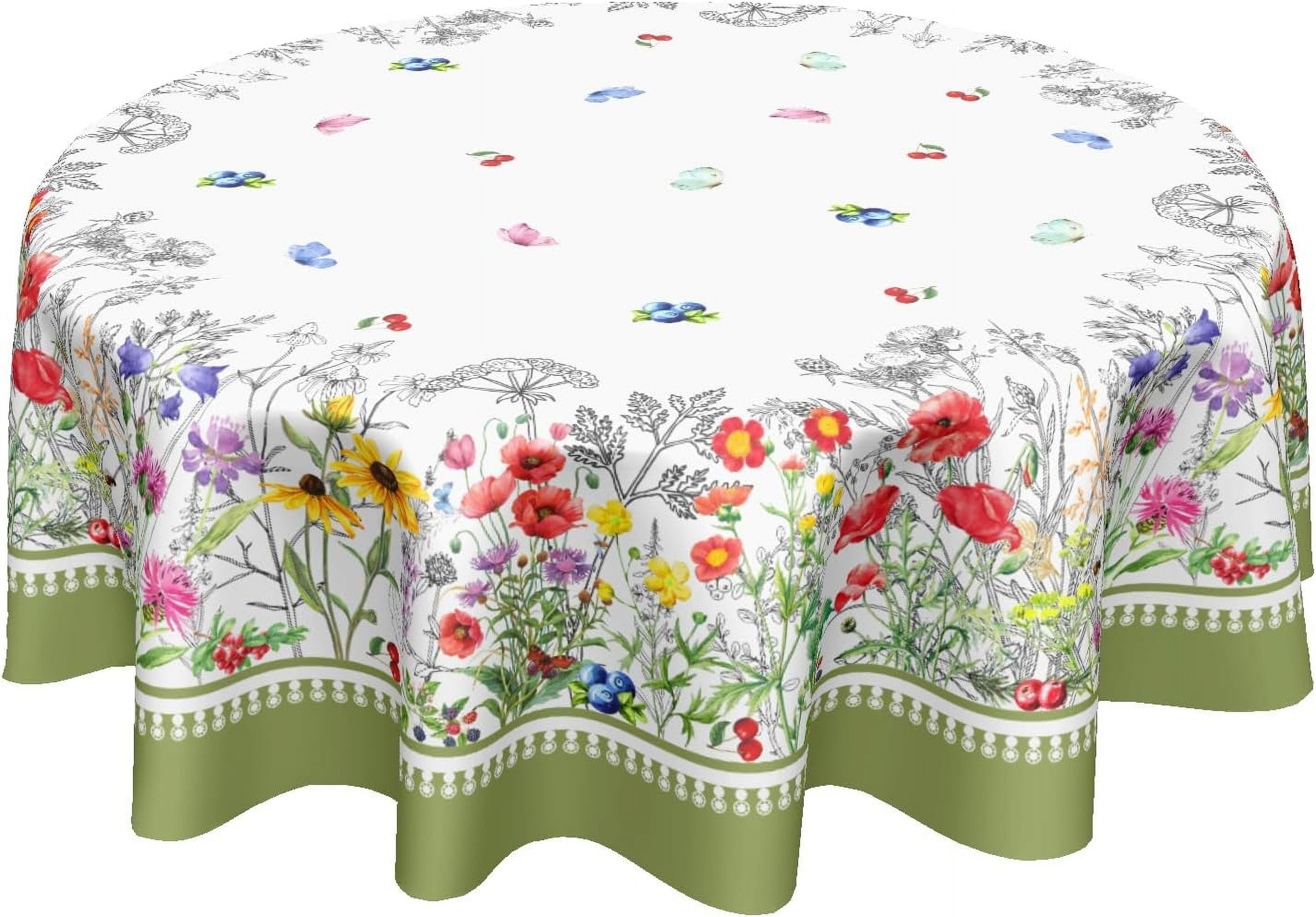 Spring Floral Round Tablecloth 60 Inch Green Wild Flower Butterfly ...