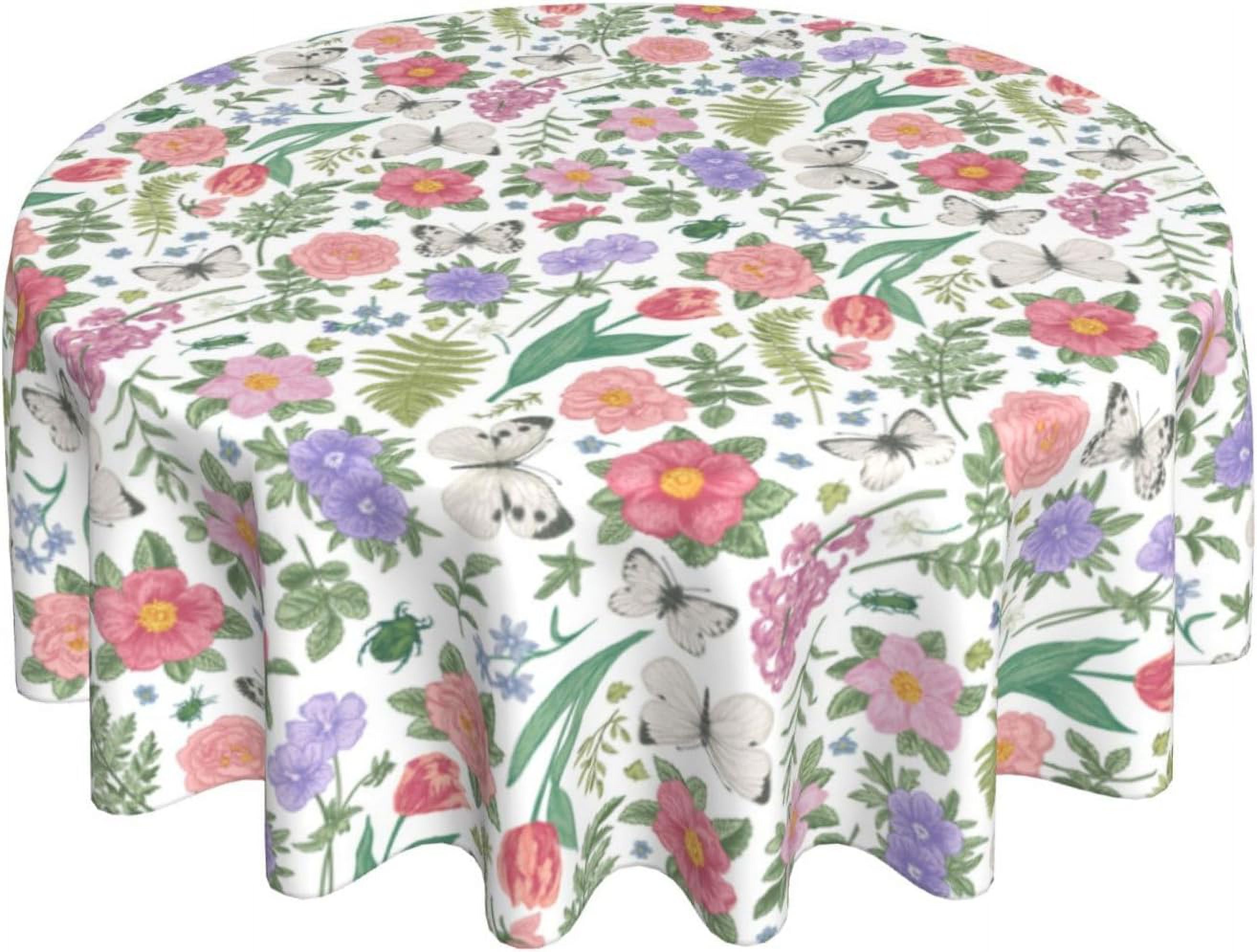 Spring Floral Round Tablecloth 60 Inch Watercolor Flower Butterfly Leaf ...