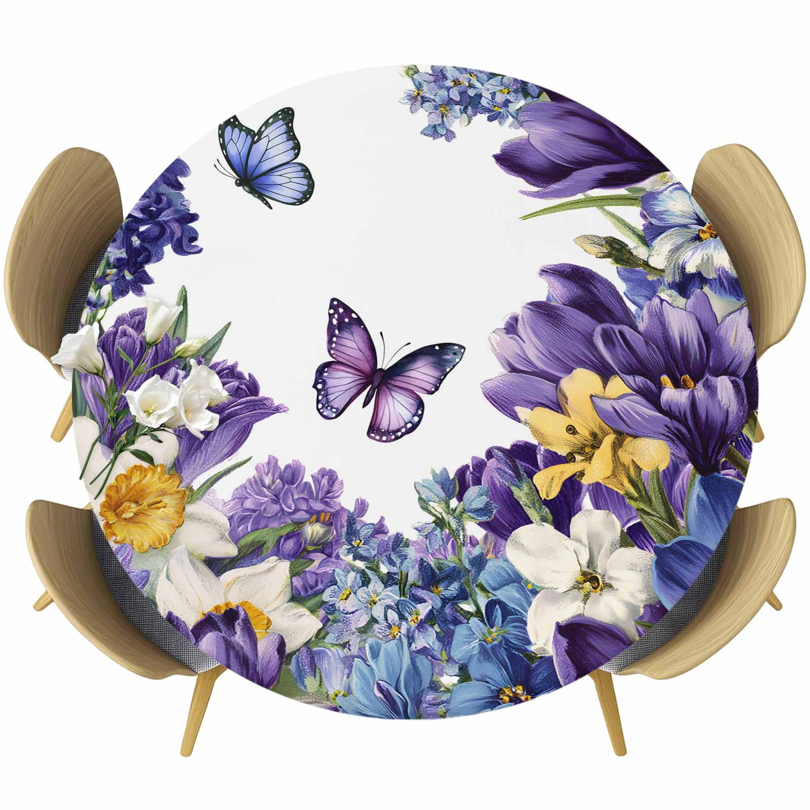Spring Floral Round Tablecloth, Fitted Table Cover with Elastic for 55 ...