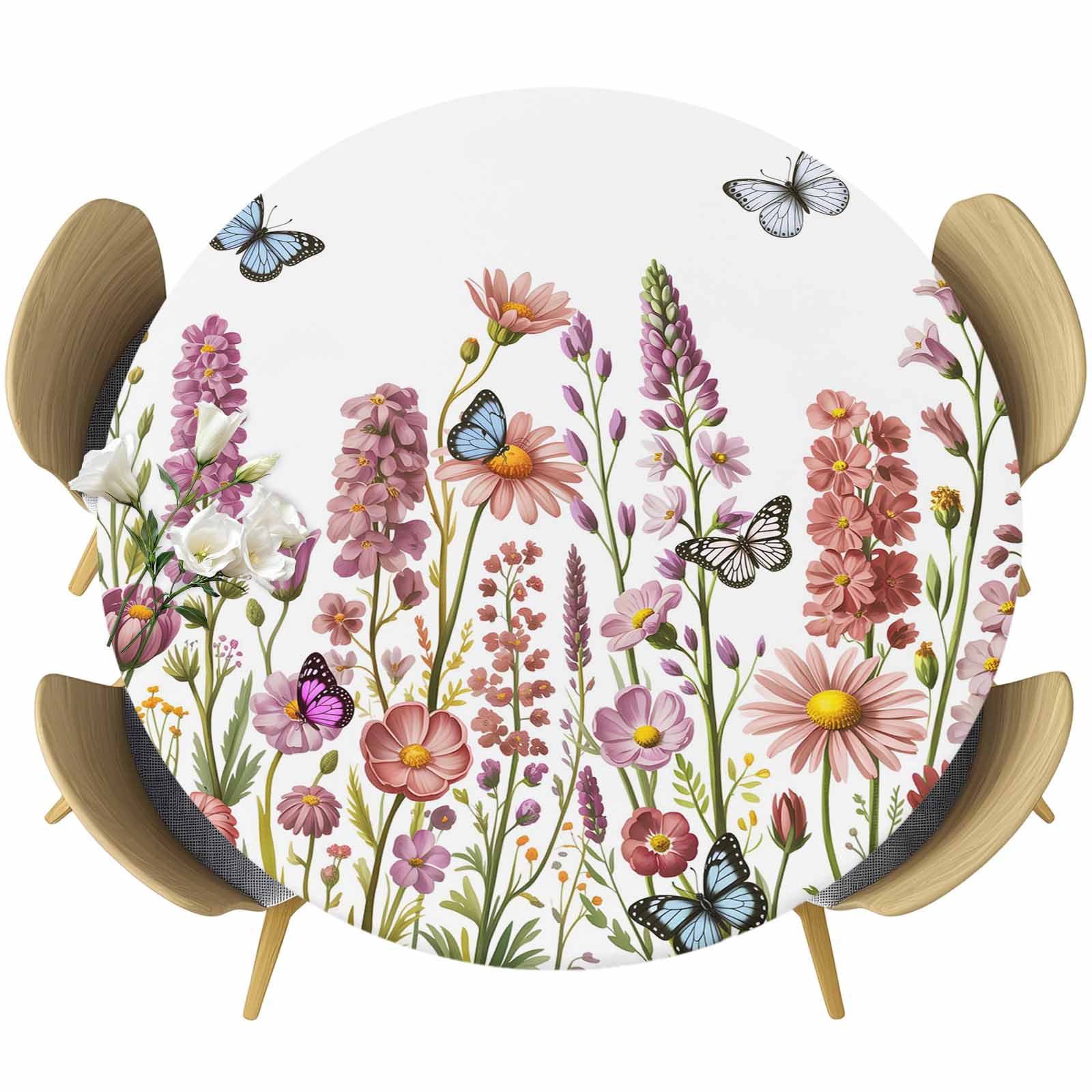 Spring Floral Round Tablecloth, Fitted Table Cover with Elastic for 55 ...