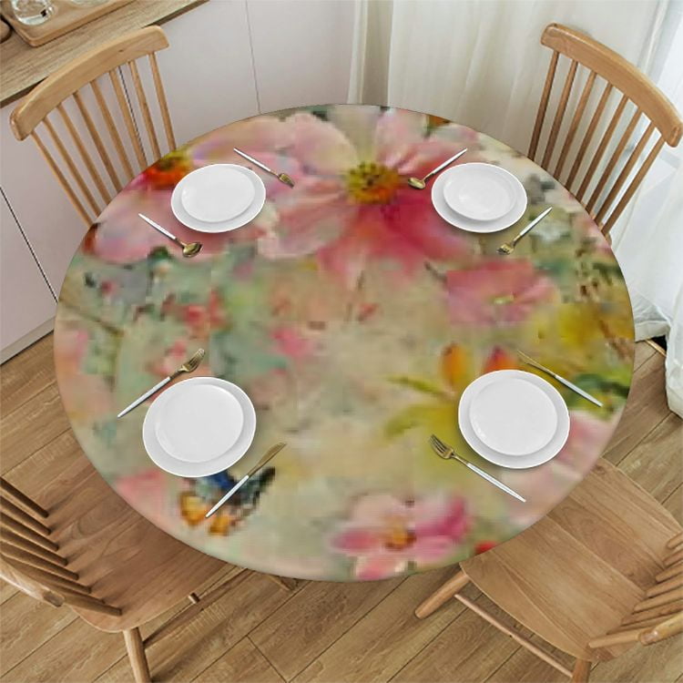 Spring Floral Round Tablecloth, Fitted Table Cover with Elastic Elegant ...