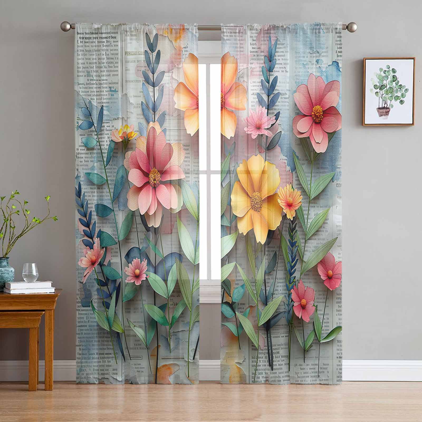 Spring Floral Semi Sheer Curtains 84 Inch Length 2 Panels Set ...
