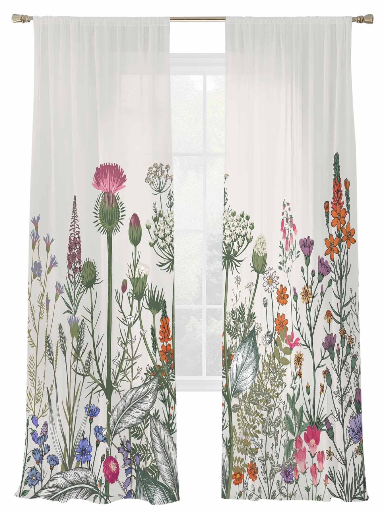 Spring Floral Sheer Curtains 108 Inch Length 2 Panels Set, Semi ...