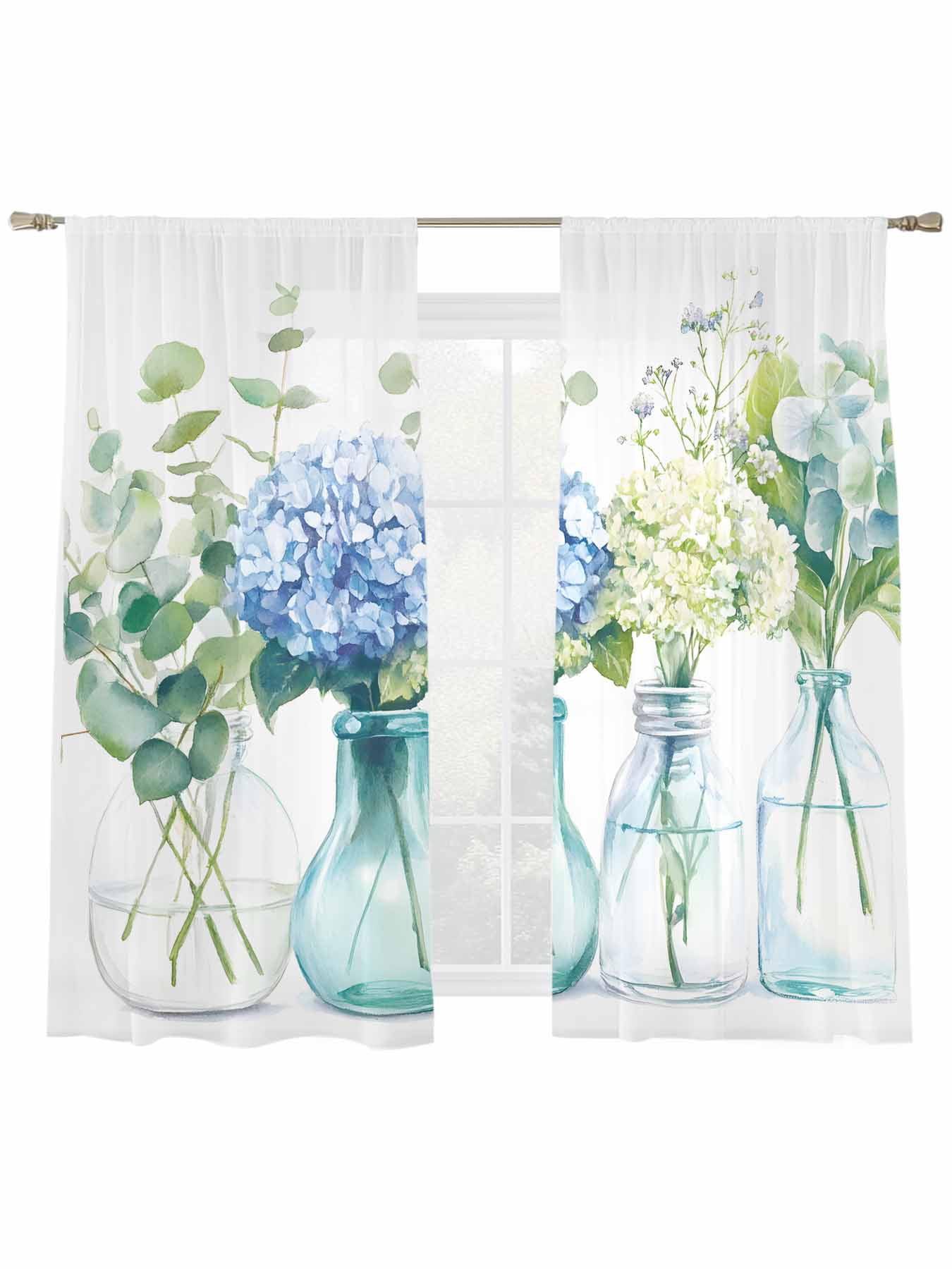 Spring Floral Sheer Curtains 2 Panels Set Blue Hydrangea Flower Leaves ...