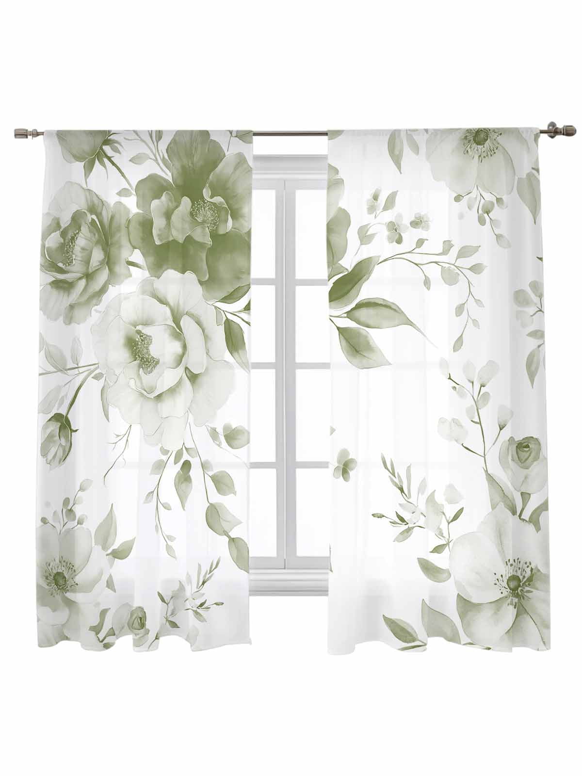 Spring Floral Sheer Curtains 2 Panels Set Classic Green Gradient ...